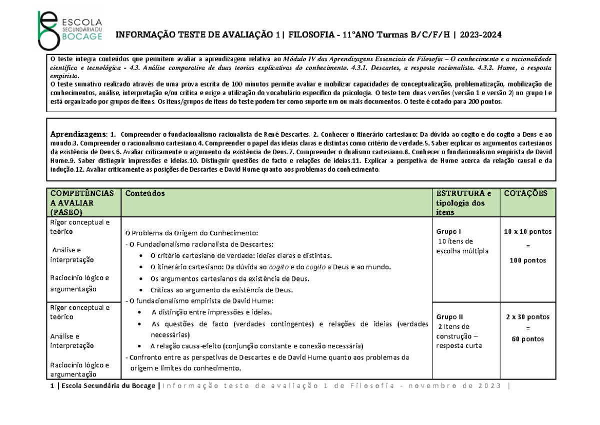 Informaçao teste 1 Filosofia 11º BCFH 2023 - 1 | Escola Secundária du ...