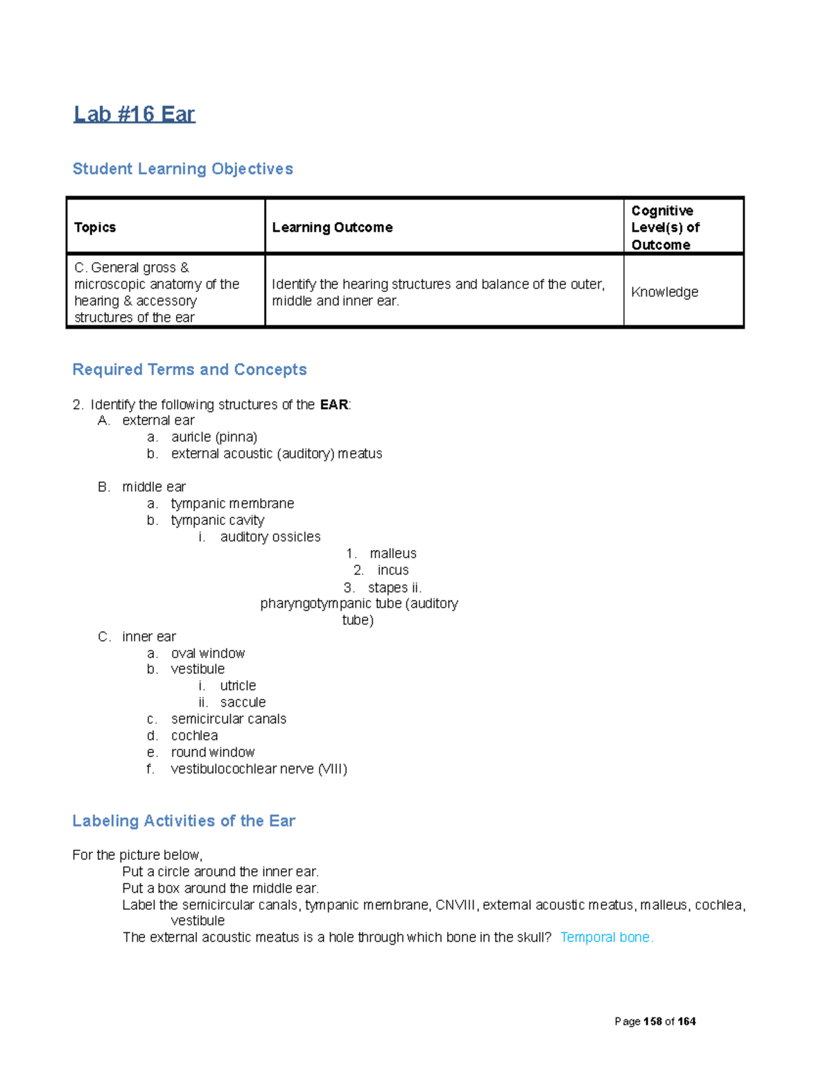 Lab #16 Ear DN - ANATOMY AND PHYSIOLOGY I ASSIGNMENT INCLUDES ALL ...