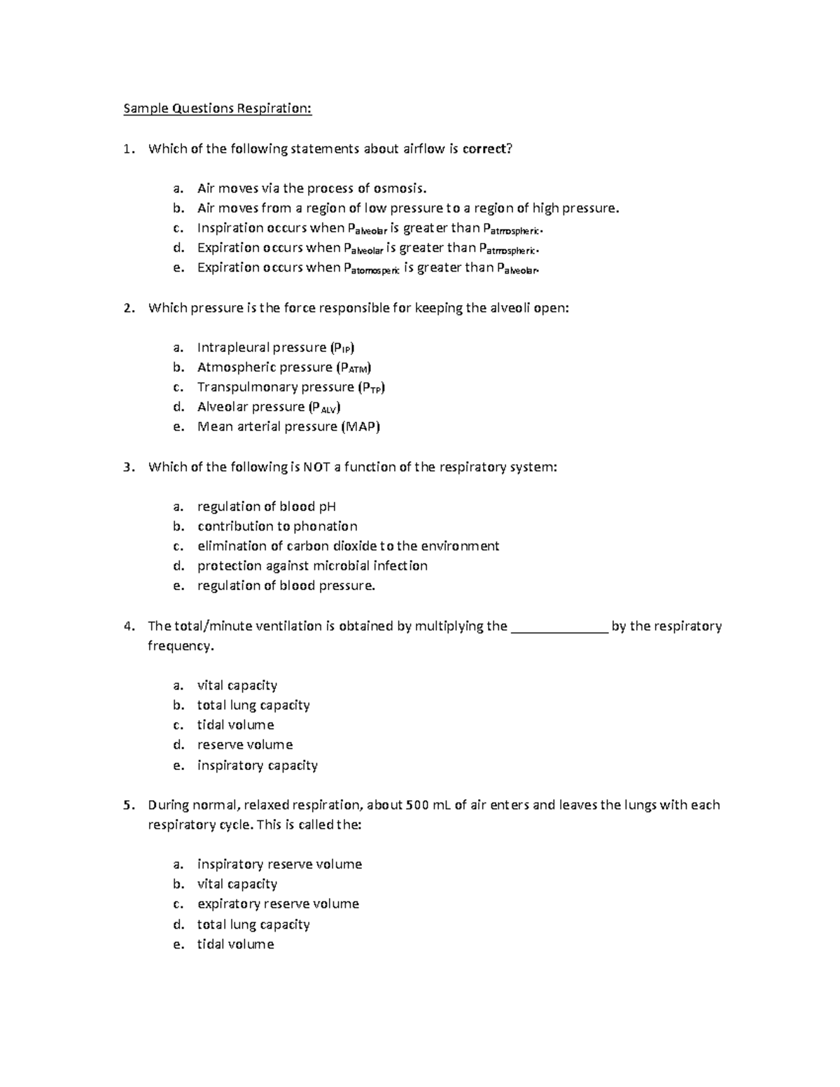 Respiration Practice Questions - Sample Questions Respiration: Which of ...
