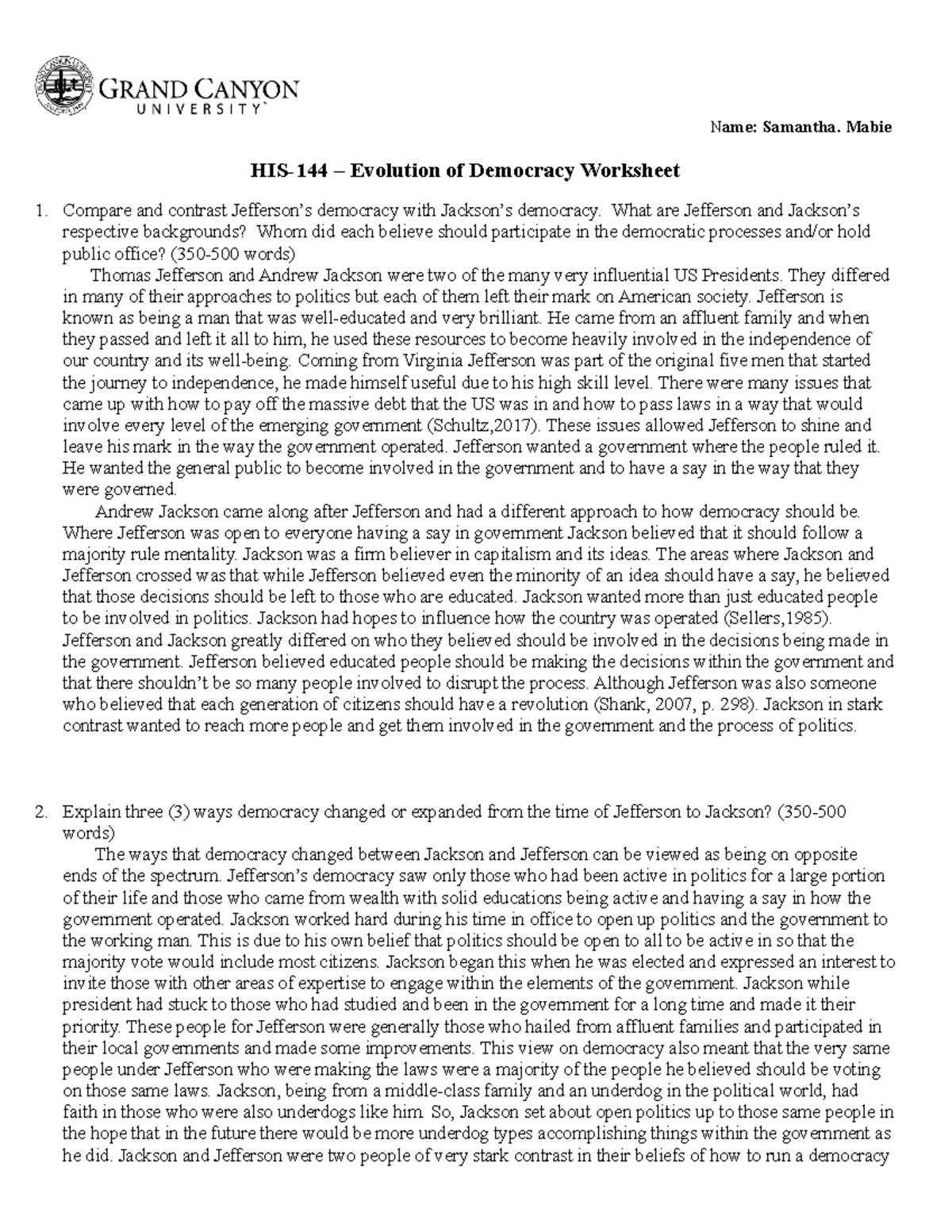Evolution of Demcracy Work sheet - N ame: Samantha. Mabie HIS-144 ...