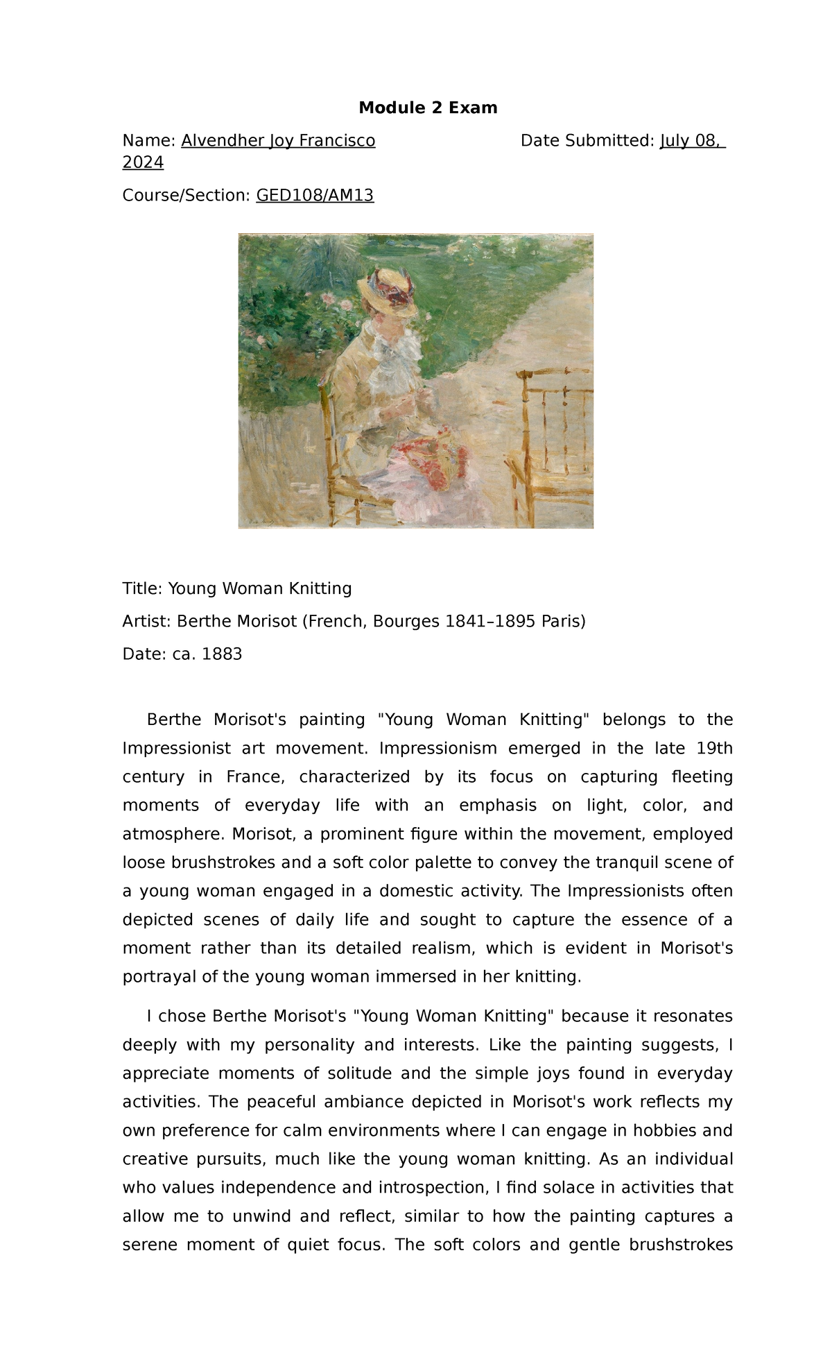 Module 2 Exam - nothing - Module 2 Exam Name: Alvendher Joy Francisco ...