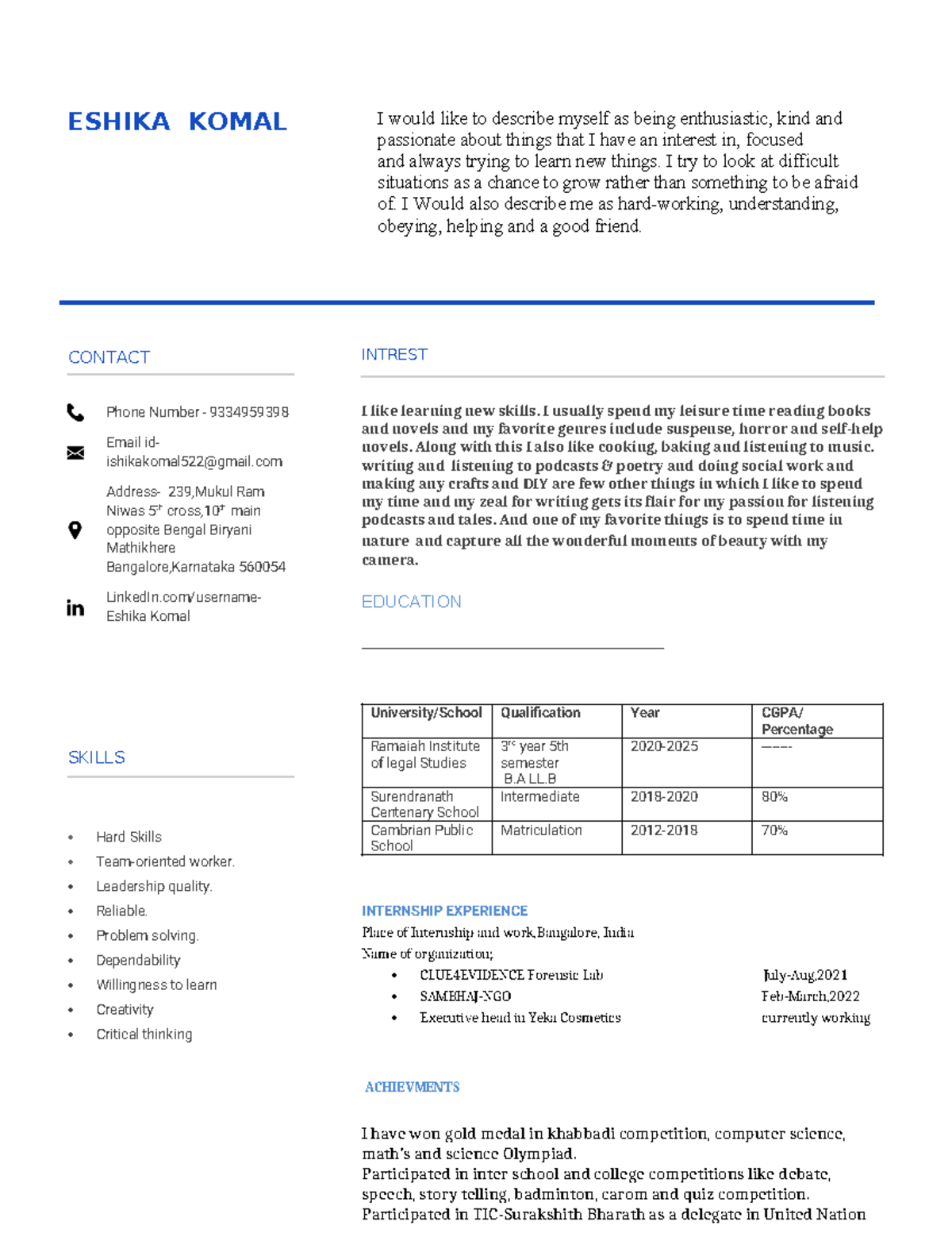 Cv eshika - aaaa - ESHIKA KOMAL I would like to describe myself as ...