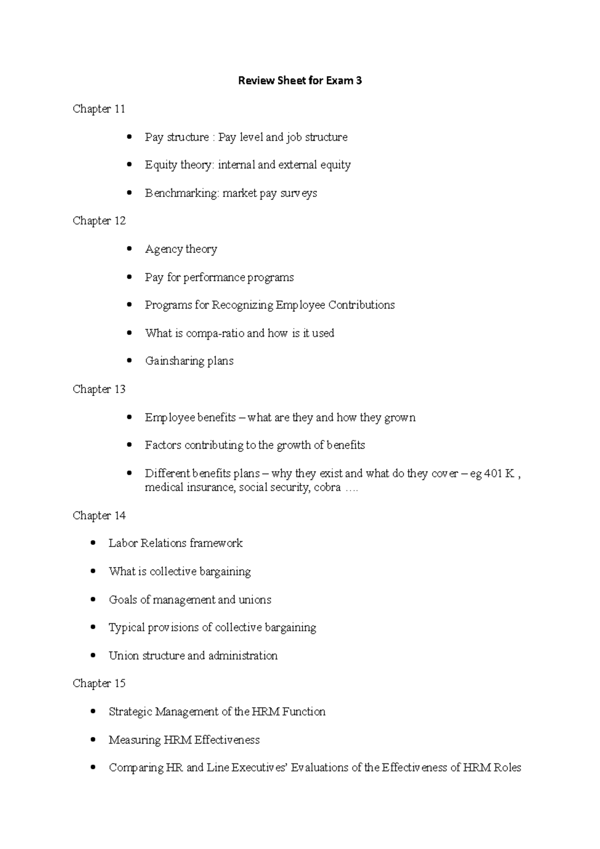 Review Sheet for Exam 3 - ... Chapter 14 Labor Relations framework What ...