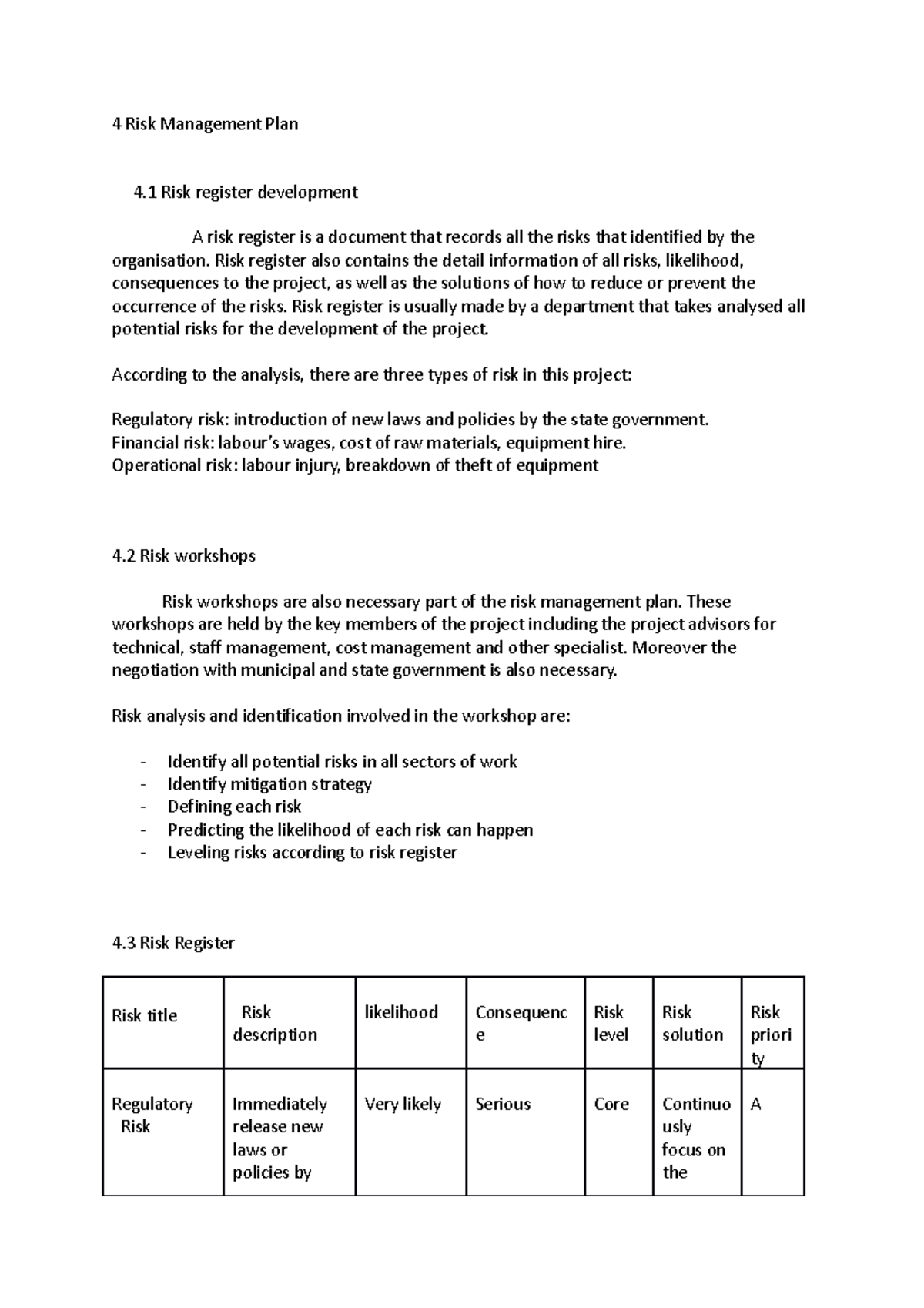 4 Risk Management Plan - qqqqqqq - 4 Risk Management Plan 4 Risk ...