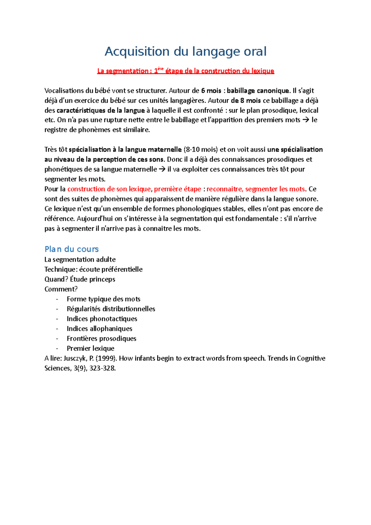 Acquisition du langage oral cours 5 : La segmentation : 1ère étape de ...