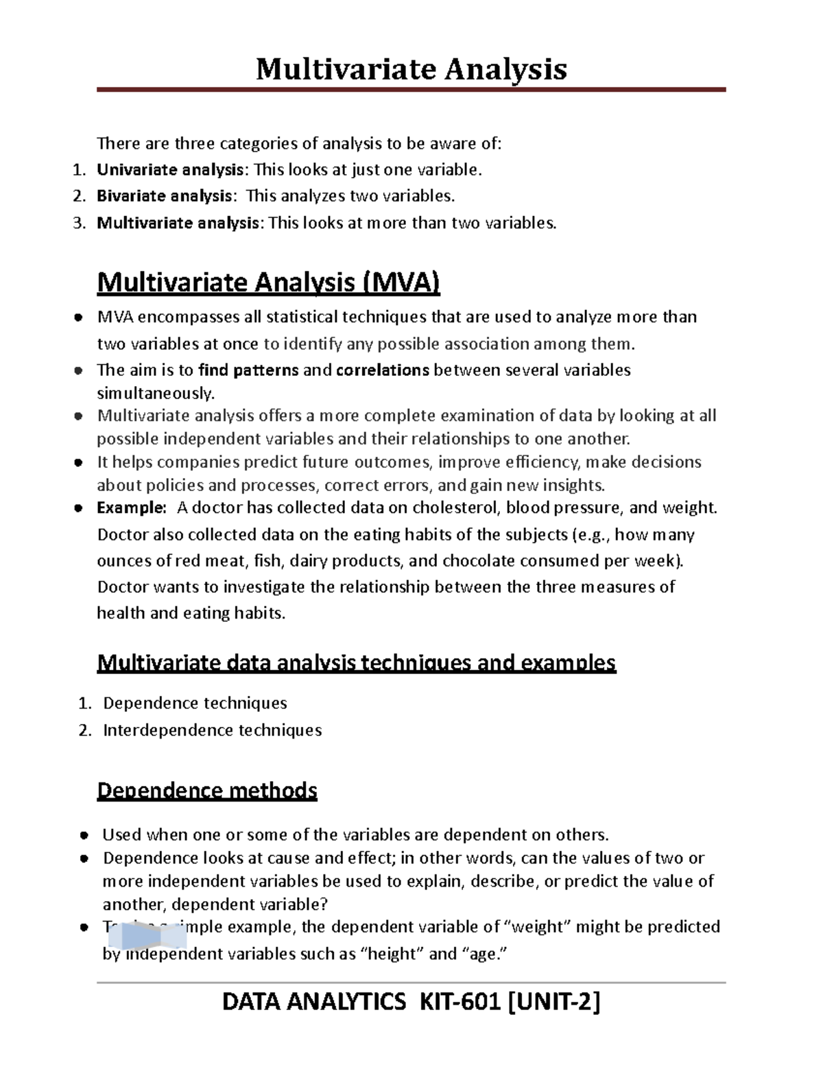UNIT-2(Multivariate Analysis) KIT-601 Data Analytics - ####### There are three categories of ...