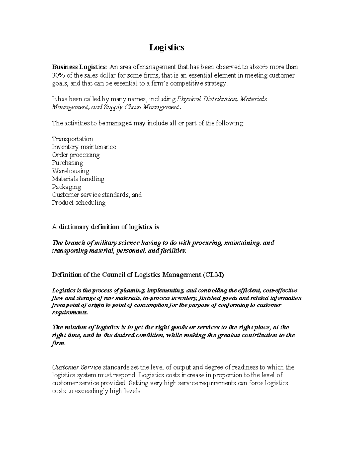 Lecture Notes Logistics Introduction Logistics Business Logistics An Area Of Management That