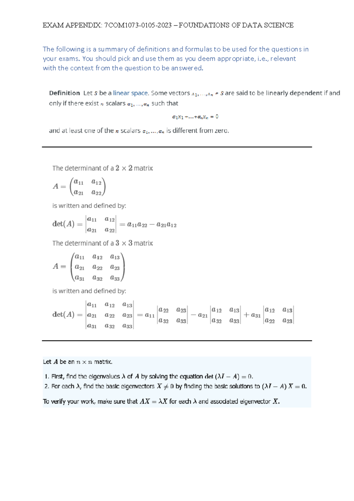 Exam Appendix - The following is a summary of definitions and formulas to be used for the ...