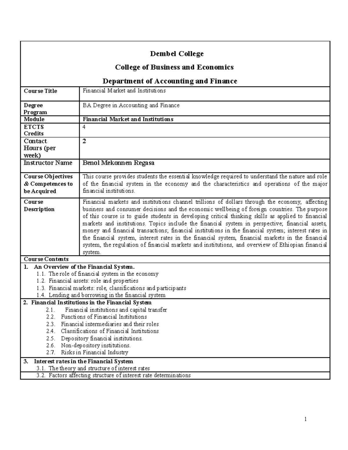 FMI Course Outline - fdddf - Dembel College College of Business and ...