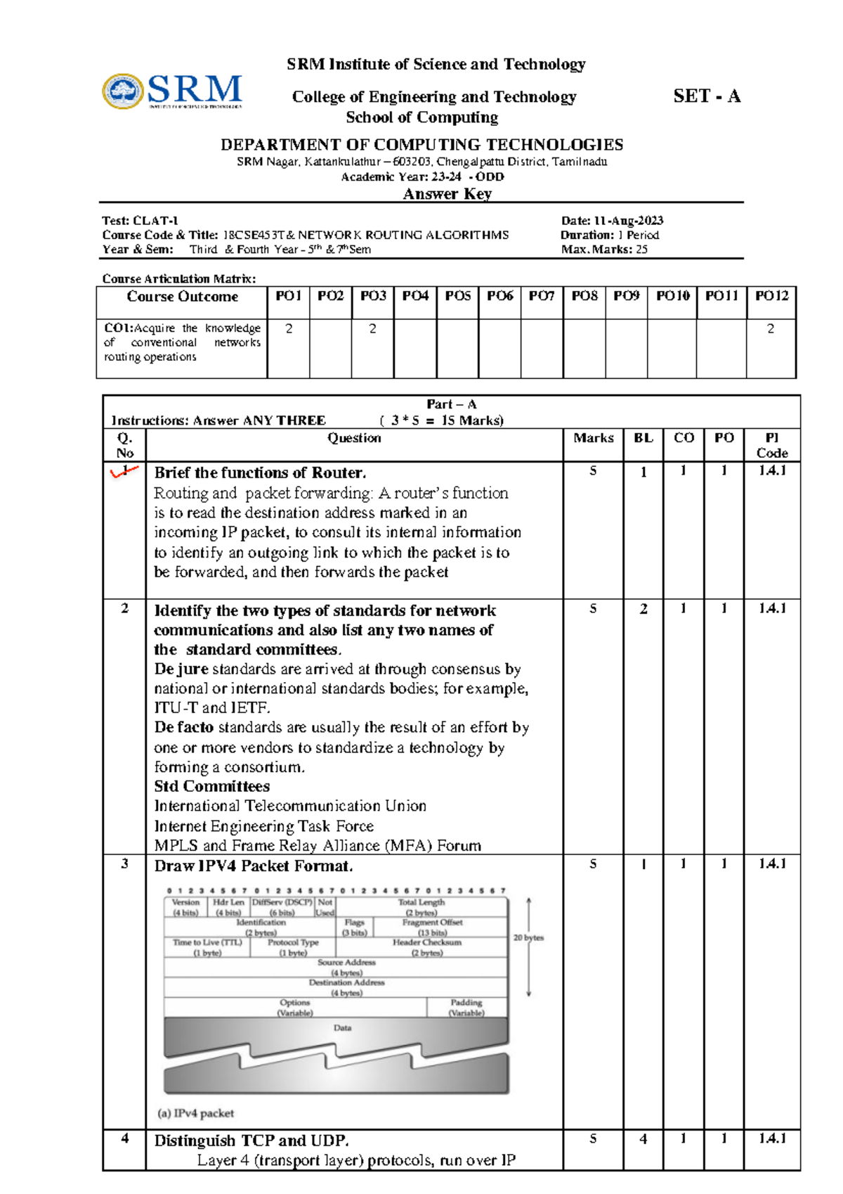 18CSE453T CT1 QP Answer Key - SRM Institute of Science and Technology College of Engineering and ...