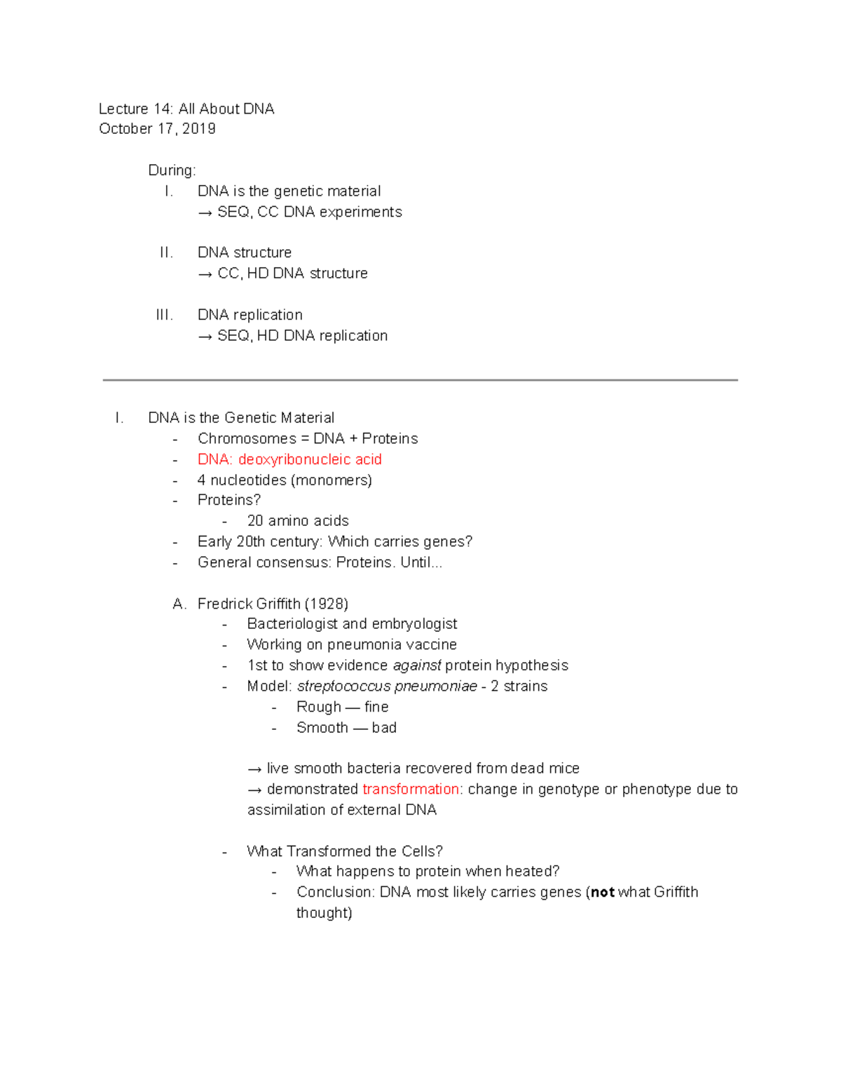 All About DNA - Lecture notes 14 - Lecture 14: All About DNA October 17 ...