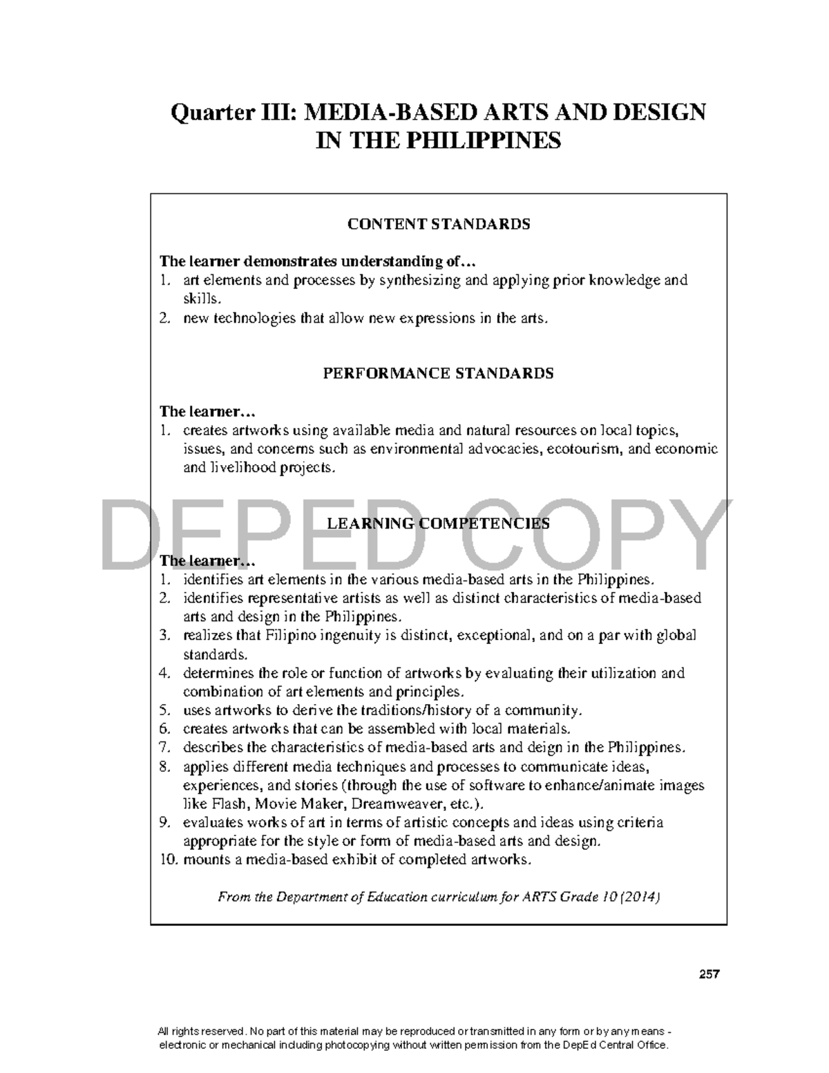 ARTS 10 Learner's Material Unit 3 - DEPED COPY 257 Quarter III: MEDIA ...