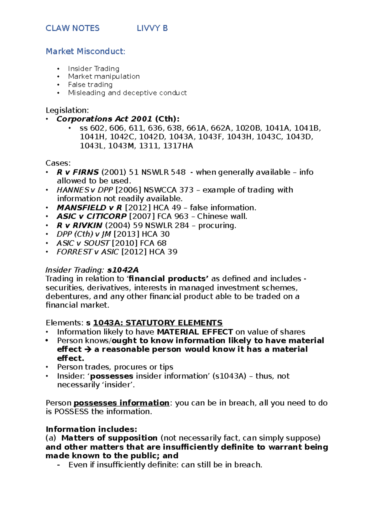 Compiled Claw Notes Final - CLAW NOTES LIVVY B Market Misconduct ...