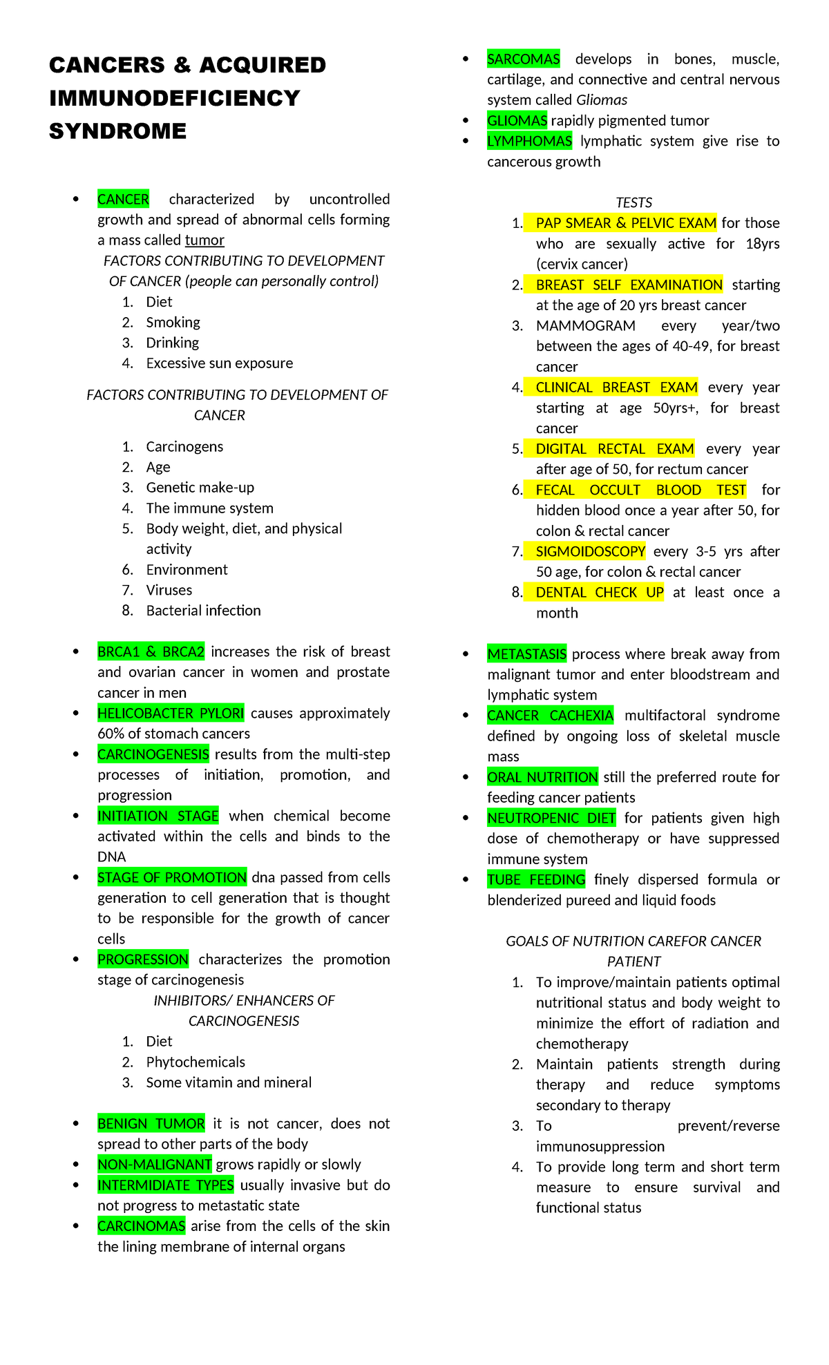 MNT- Reviewer - Summary Nutrition and Diet Therapy - CANCERS & ACQUIRED ...