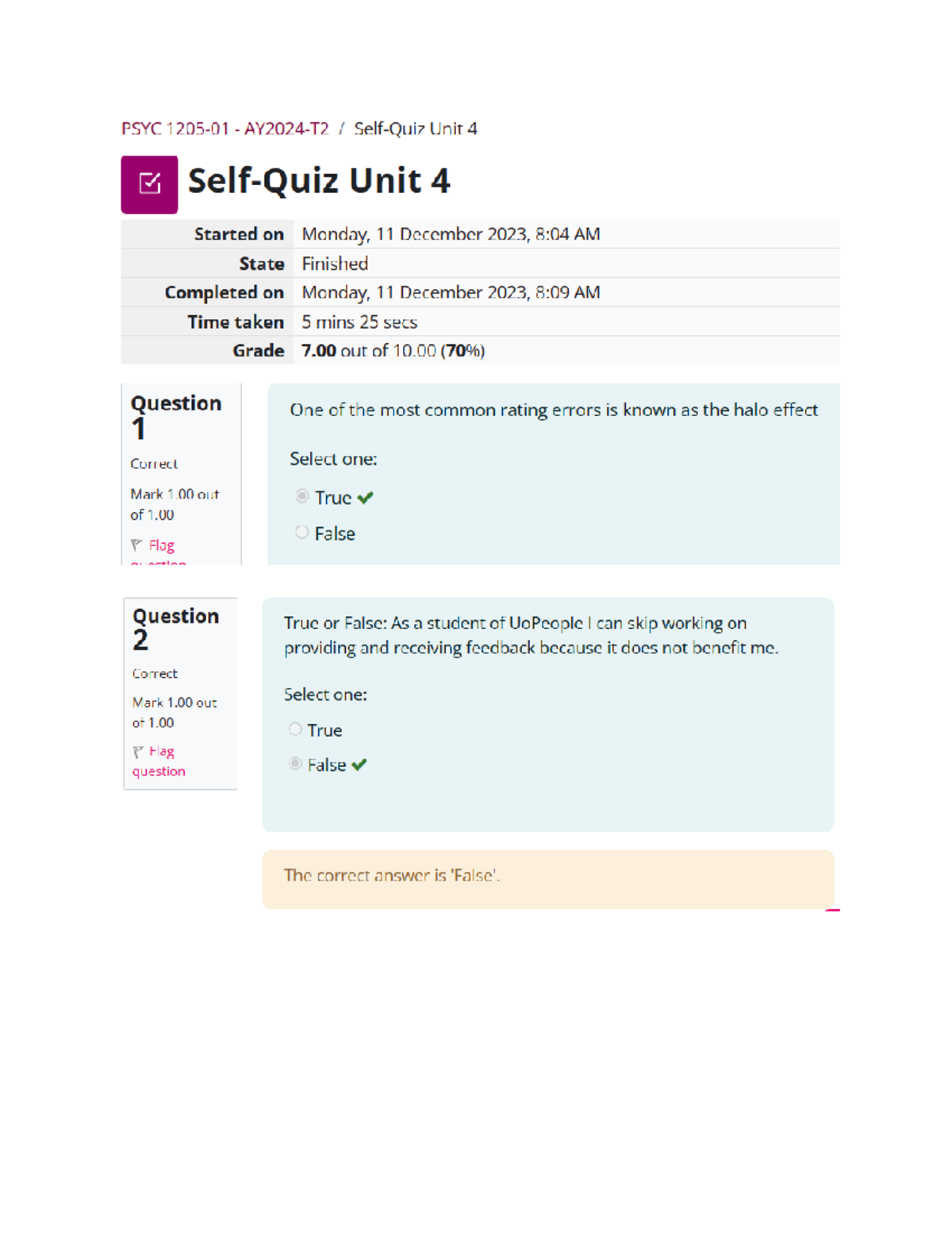 Unit 4 Self-Quiz - Unit 4 Self-Quiz - PSYC 1205 - Studocu