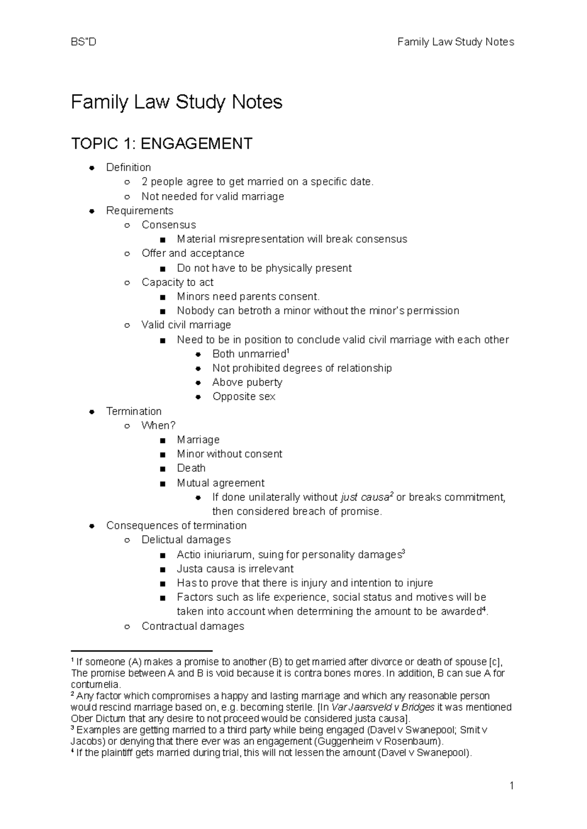 Family Law Exam Prep - Family Law Study Notes TOPIC 1: ENGAGEMENT ...