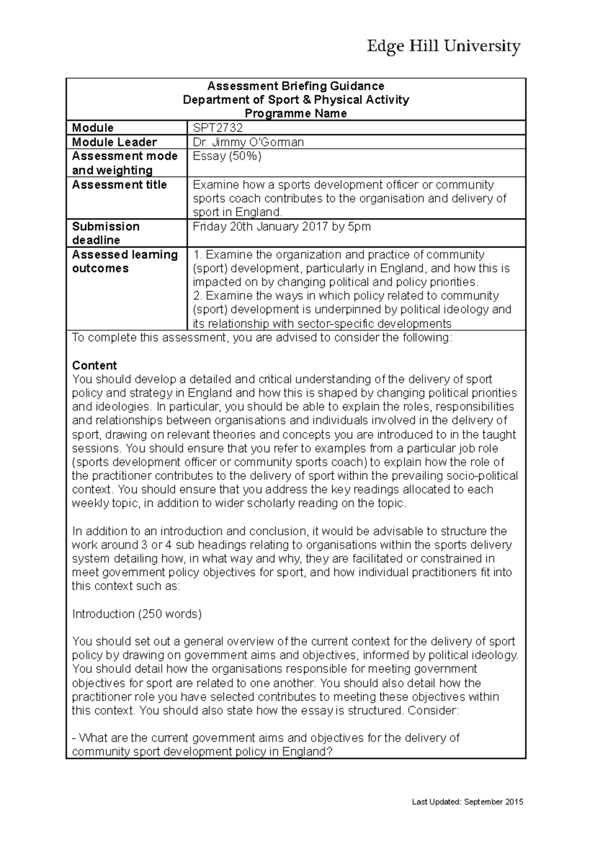 SPT 2732 CW1 Assessment Briefing Guidance - Assessment Briefing ...