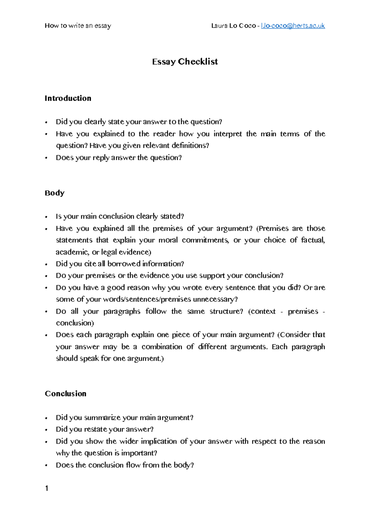 Essay Checklist - How to write an essay Laura Lo Coco - l-coco@herts.ac ...