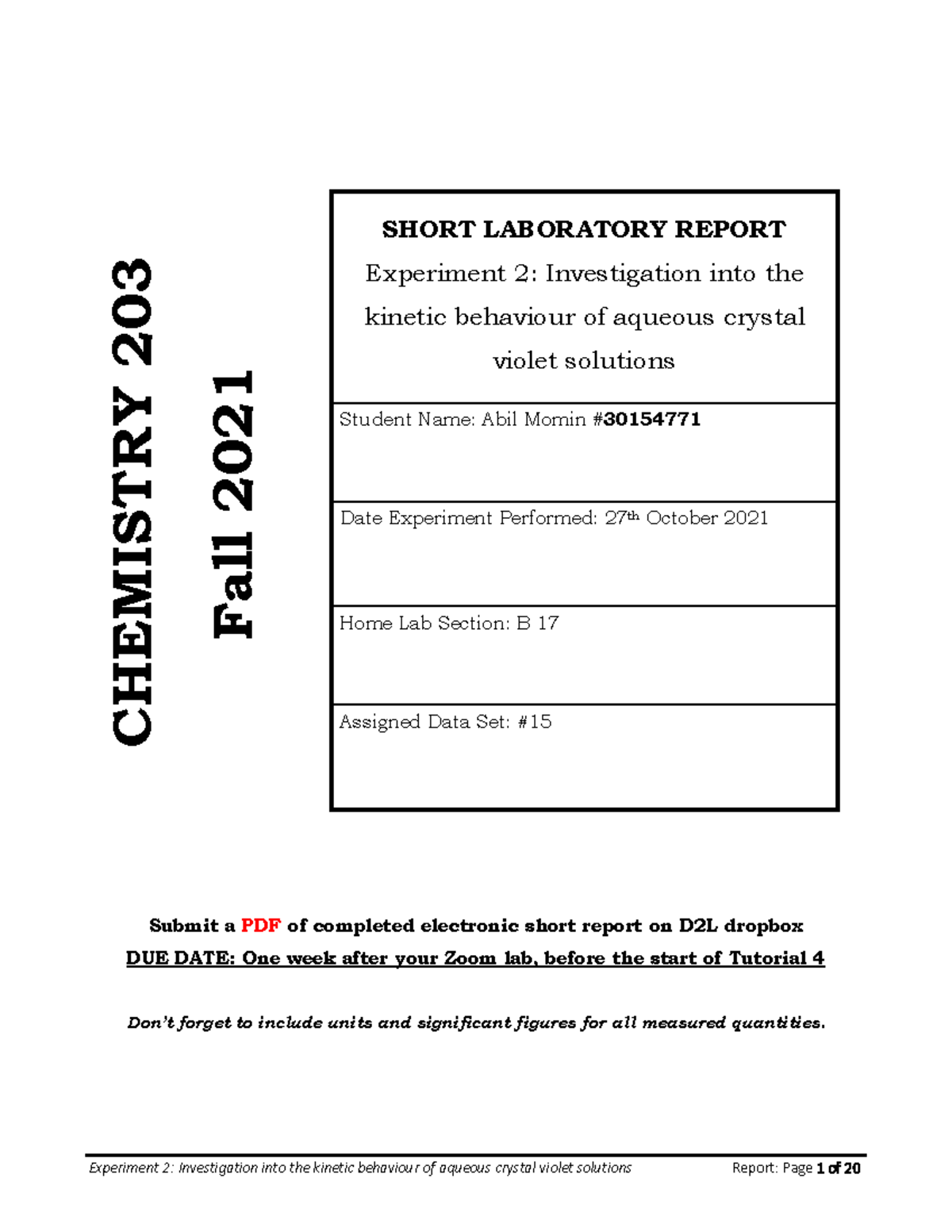 Lab2 Momin Abil - CHEM 209 Week 2 Lab 2 - CHEMISTRY 203 Fall 2021 SHORT ...