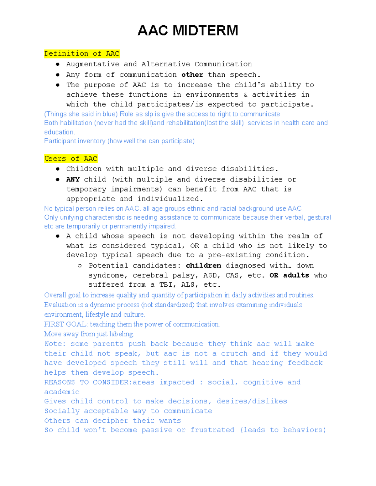 AAC Midterm Notes - AAC MIDTERM Definition of AAC Augmentative and ...