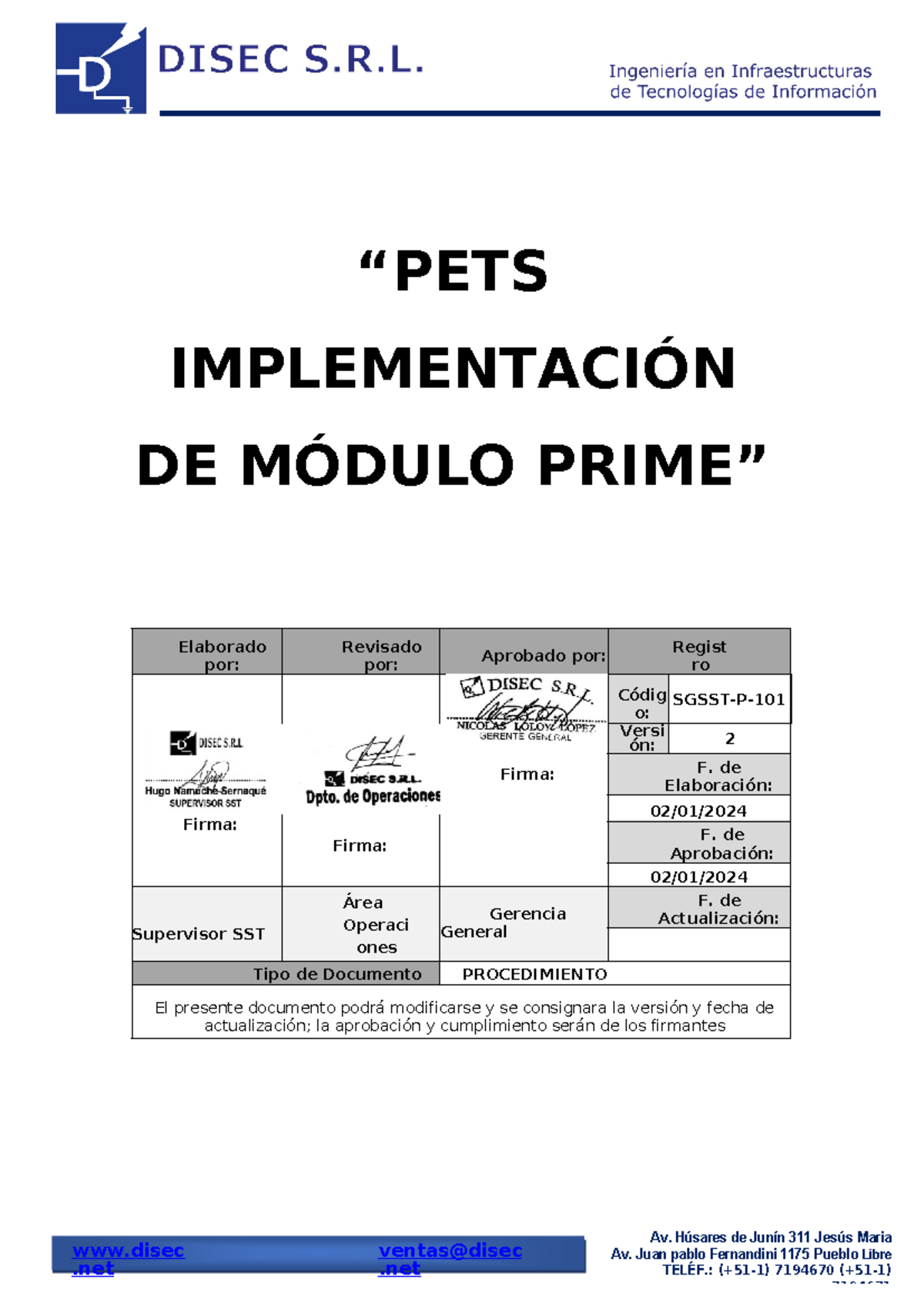 Sgsst-P-101 PETS Implementación Módulo Prime - ####### Av. Húsares de ...