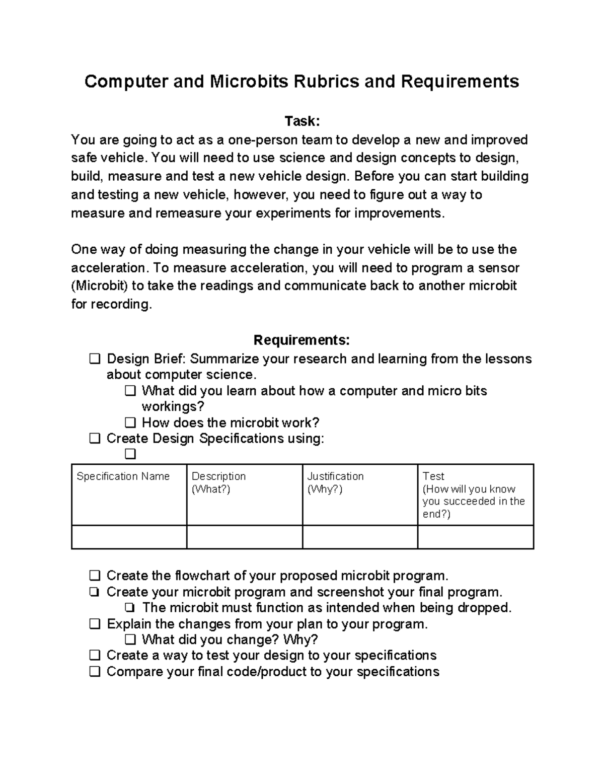 Computer and Microbit Rubrics and Requirements - Computer and Microbits Rubrics and Requirements ...