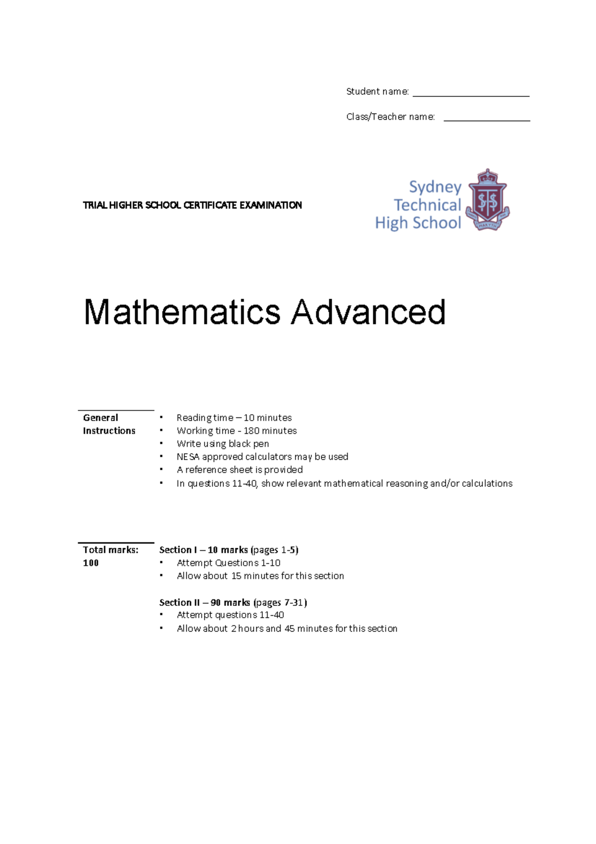 2020 Sydney Technical High School - Adv - Warning: TT: undefined ...