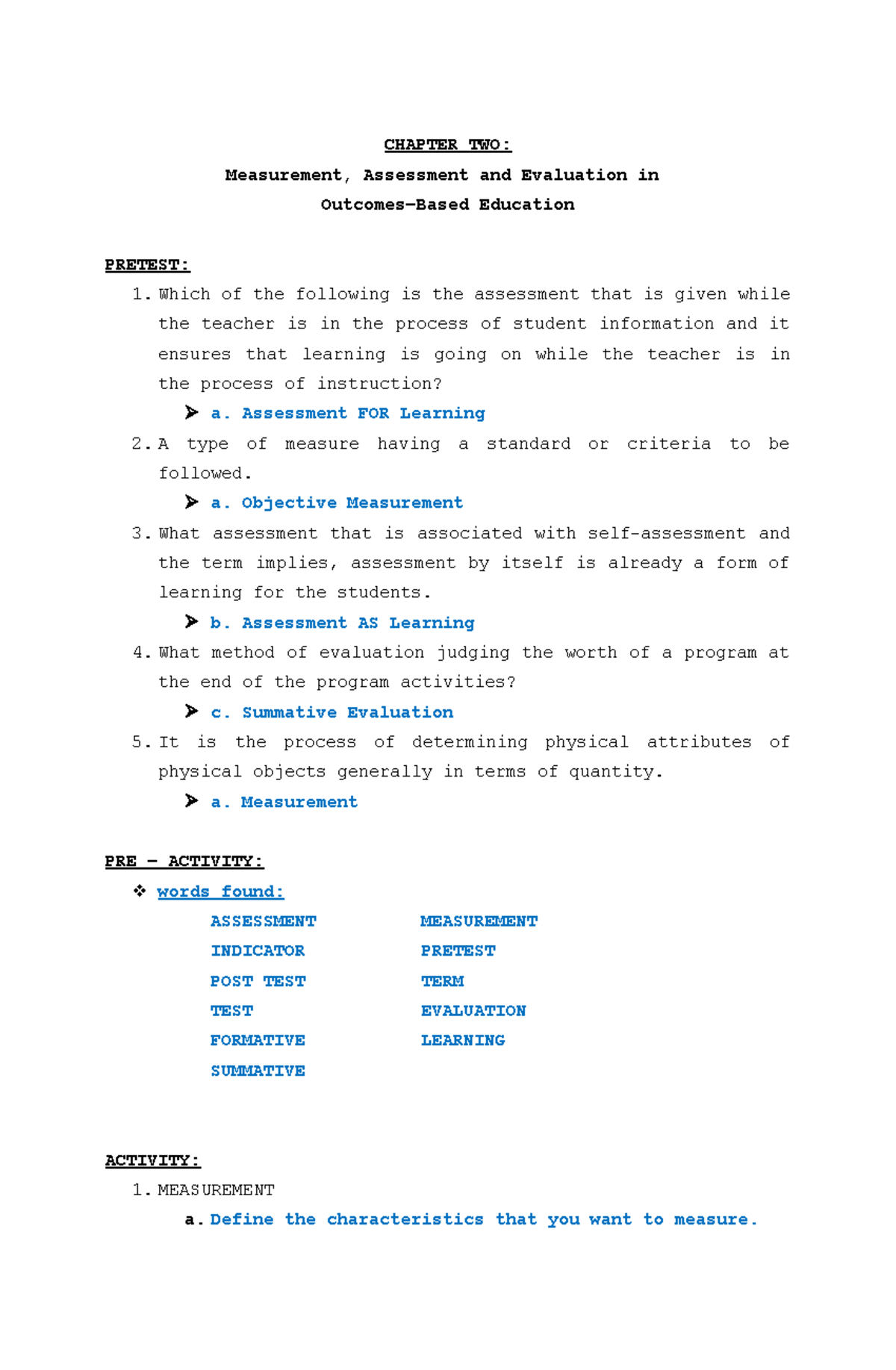 Chapter 2 - assignment - CHAPTER TWO: Measurement, Assessment and ...