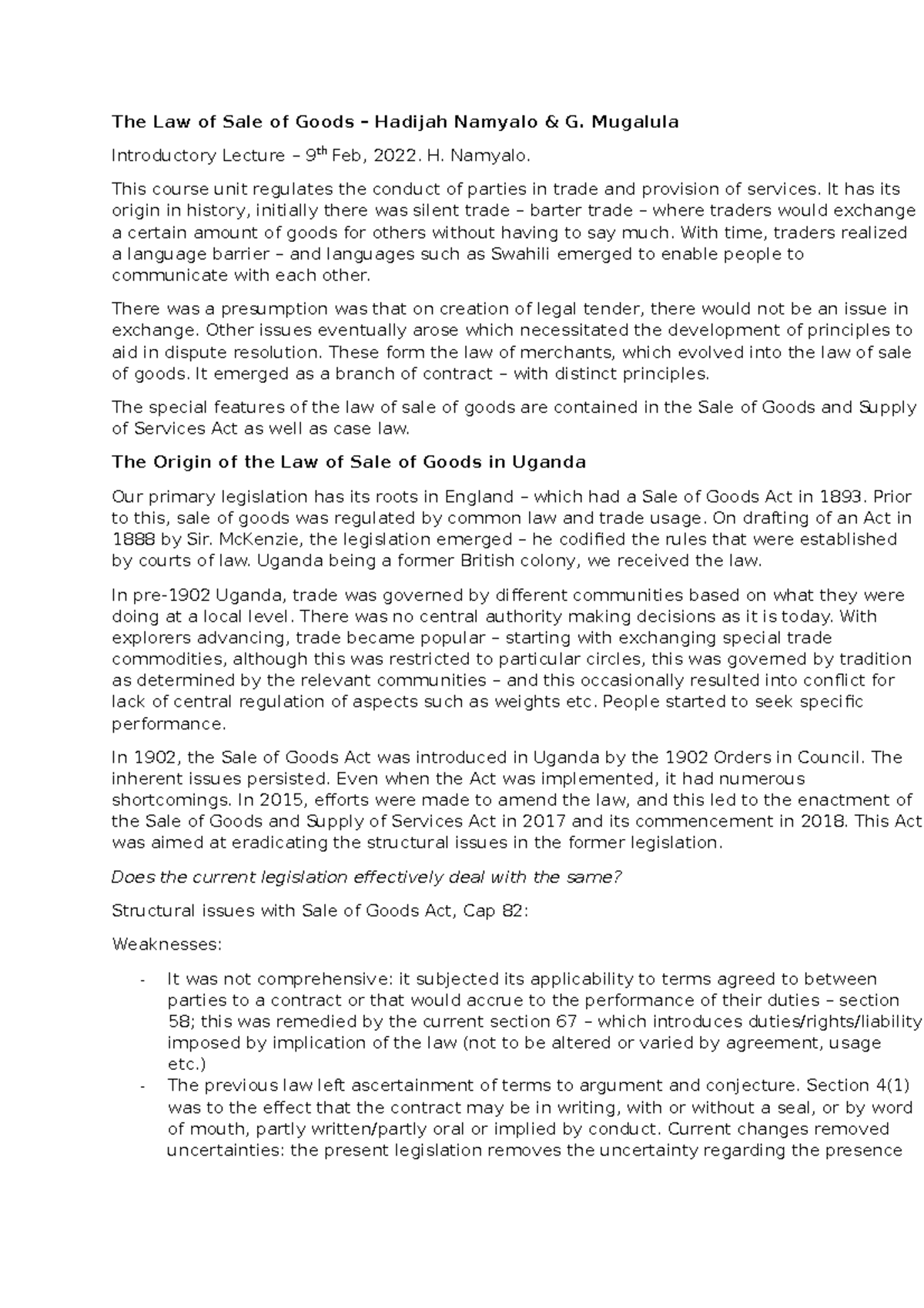 The Law of Sale of Goods - General notes - The Law of Sale of Goods ...