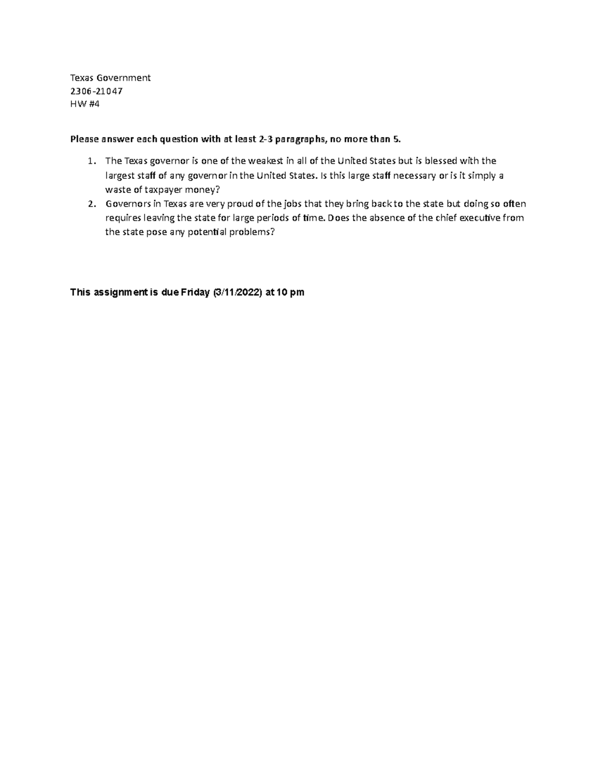 HW #4 - homework assignments - Texas Government 2306- HW # Please ...