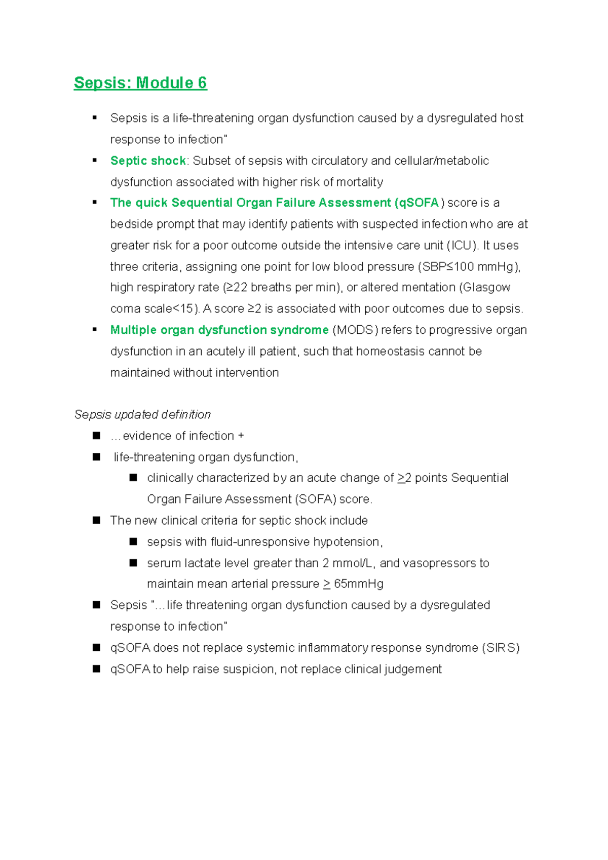 Sepsis Notes - Sepsis: Module 6 Sepsis is a life-threatening organ ...