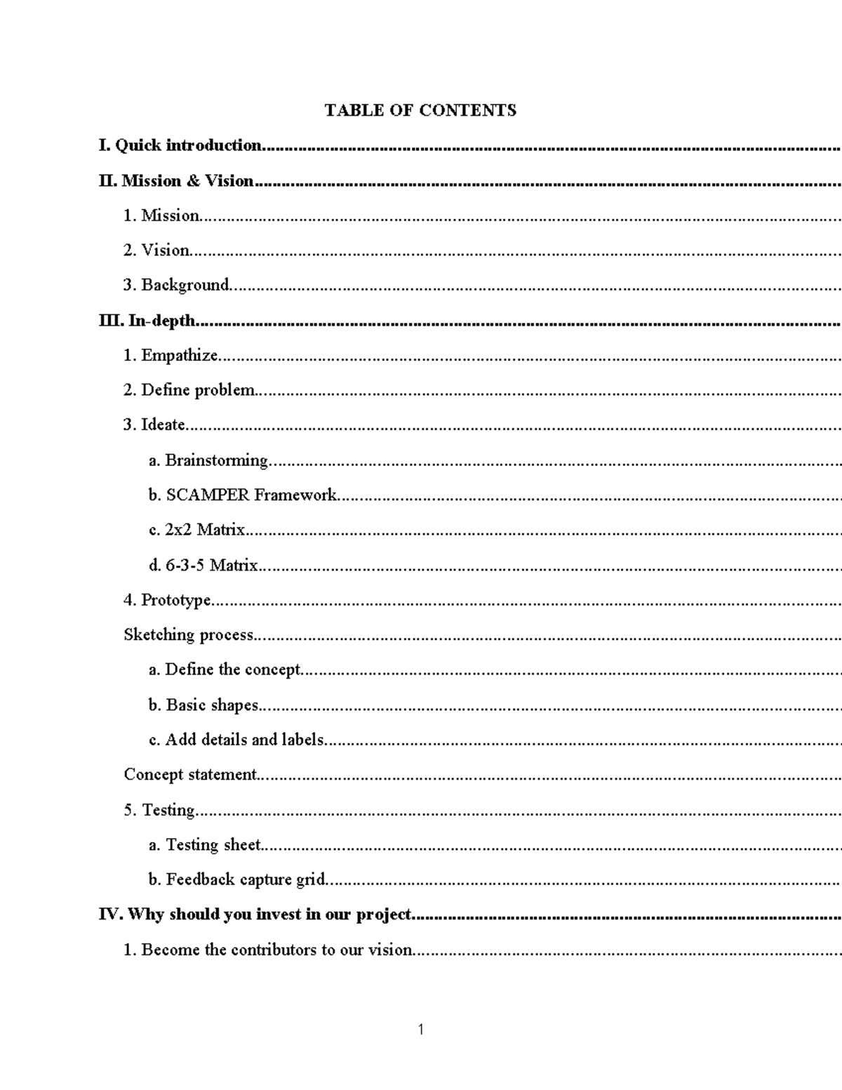 Midterm Design Thinking - TABLE OF CONTENTS I. Quick - Studocu