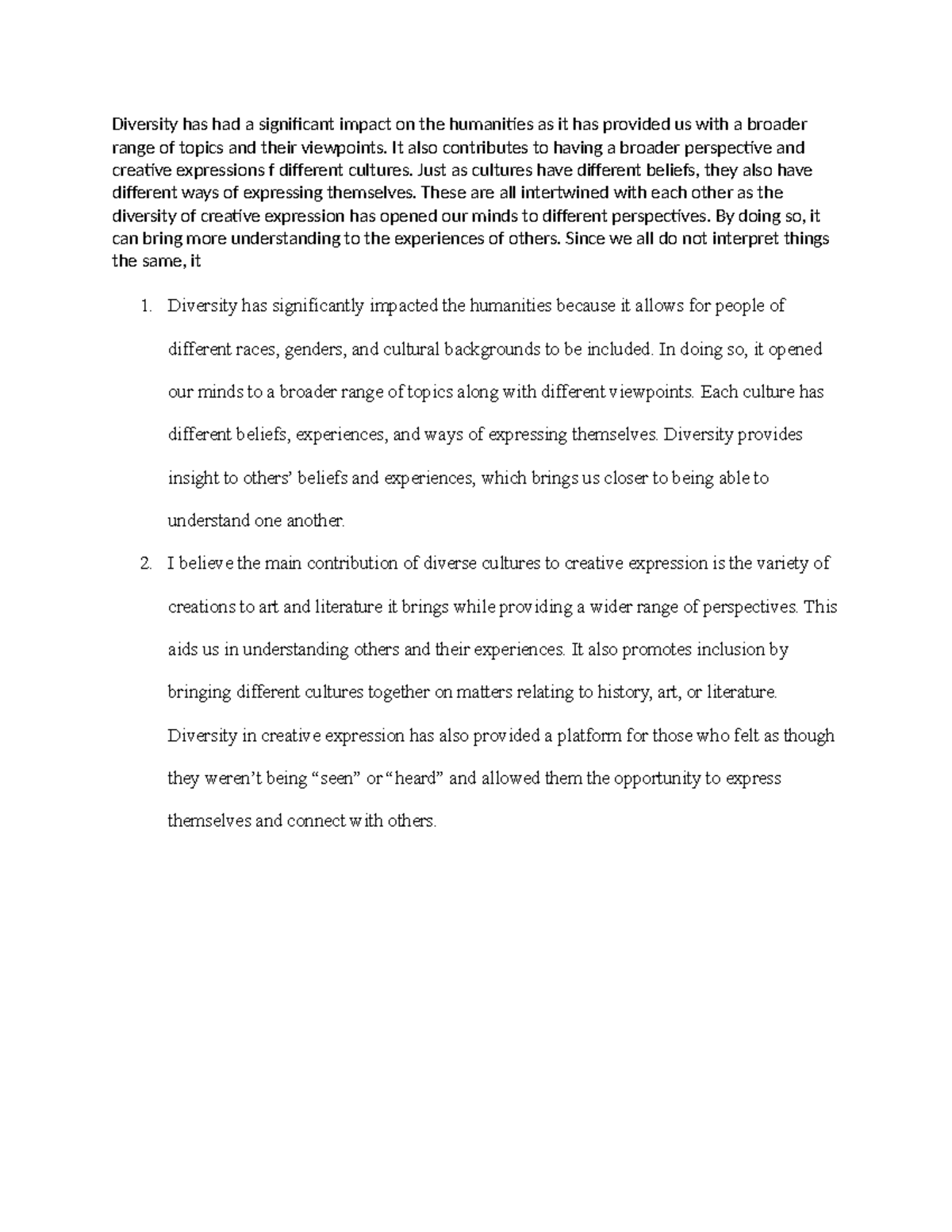 HUM 8-1 - Module 8 Assignment 1 - Diversity has had a significant ...