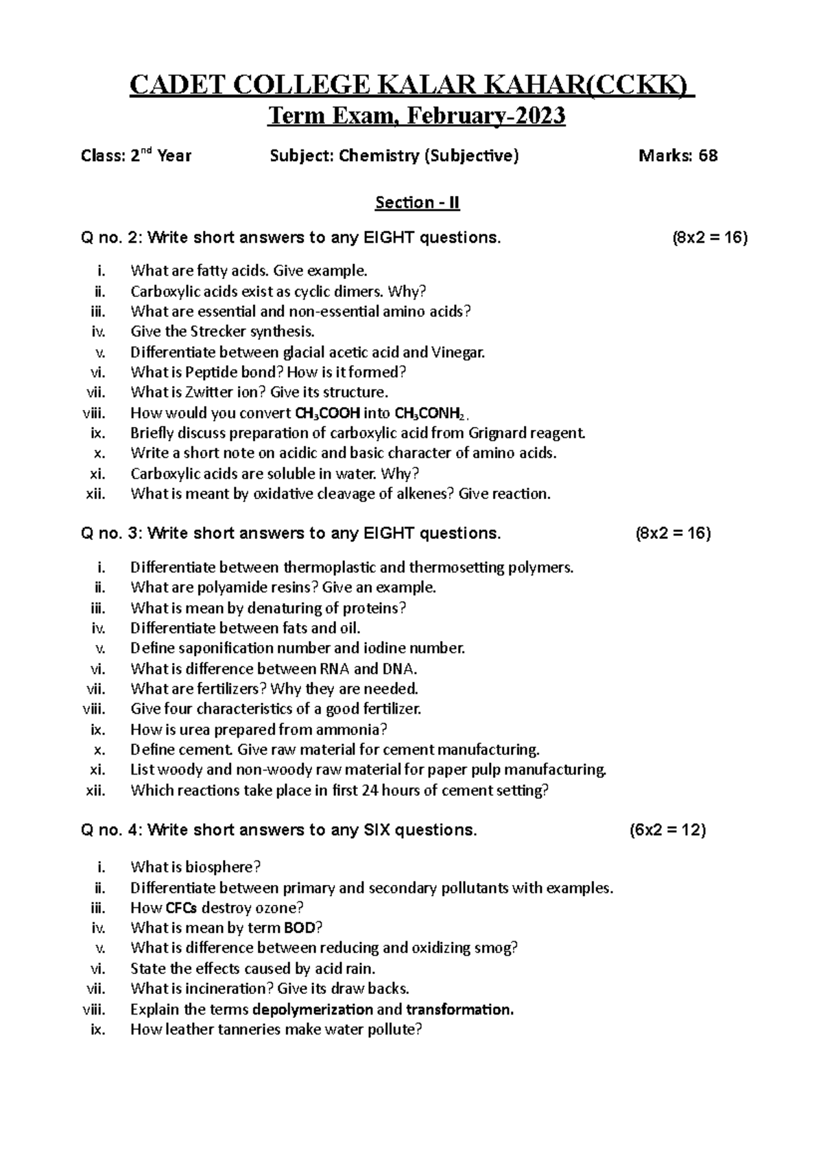 2nd year chemistry (Ch 1,9, 13,14,15,16) - CADET COLLEGE KALAR KAHAR ...