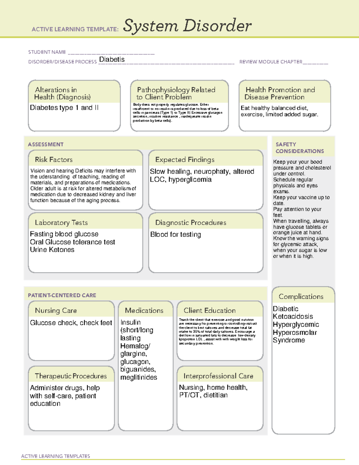 Diabetis - ACTIVE LEARNING TEMPLATES System Disorder STUDENT NAME - Studocu