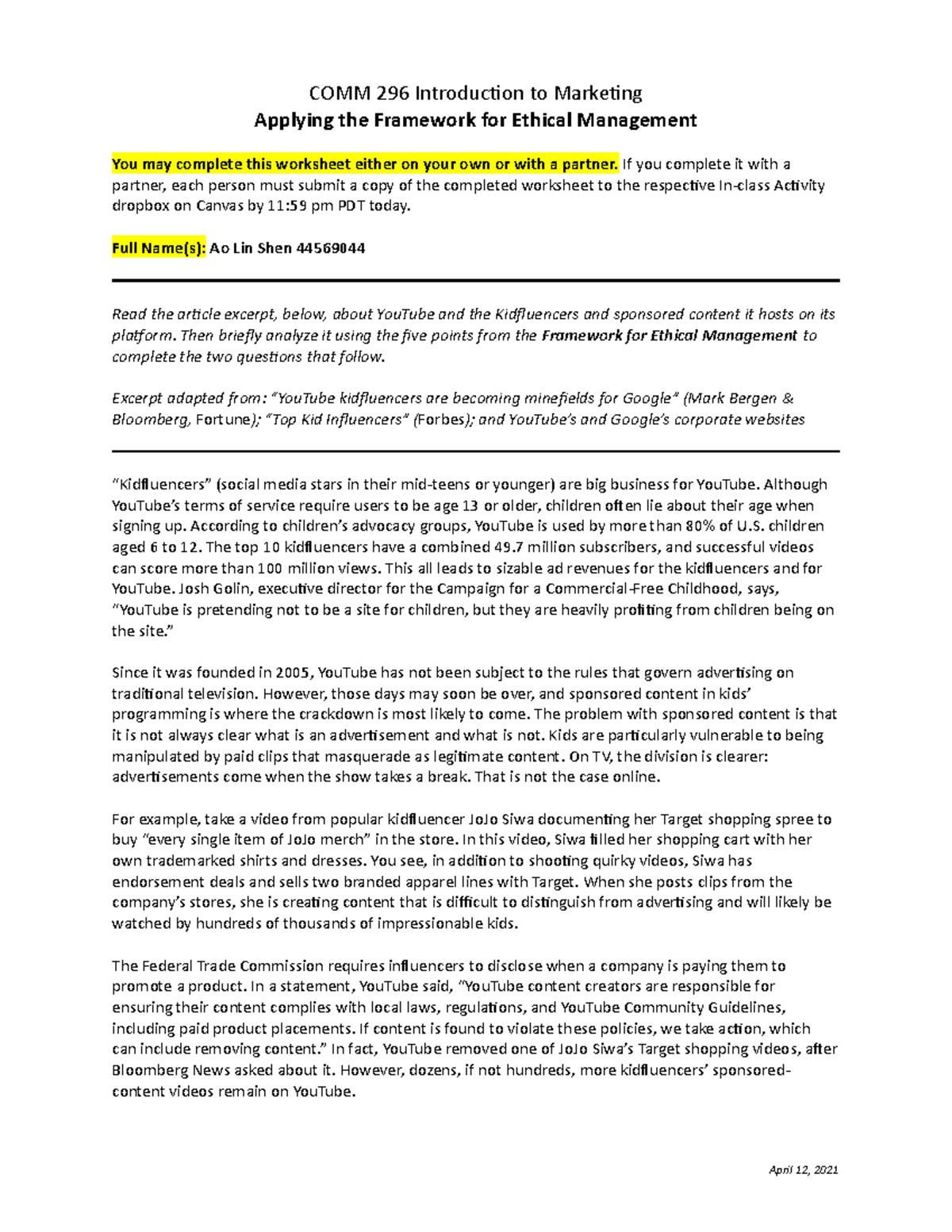 COMM 296- Ethics worksheet - COMM 296 Introduction to Marketing ...