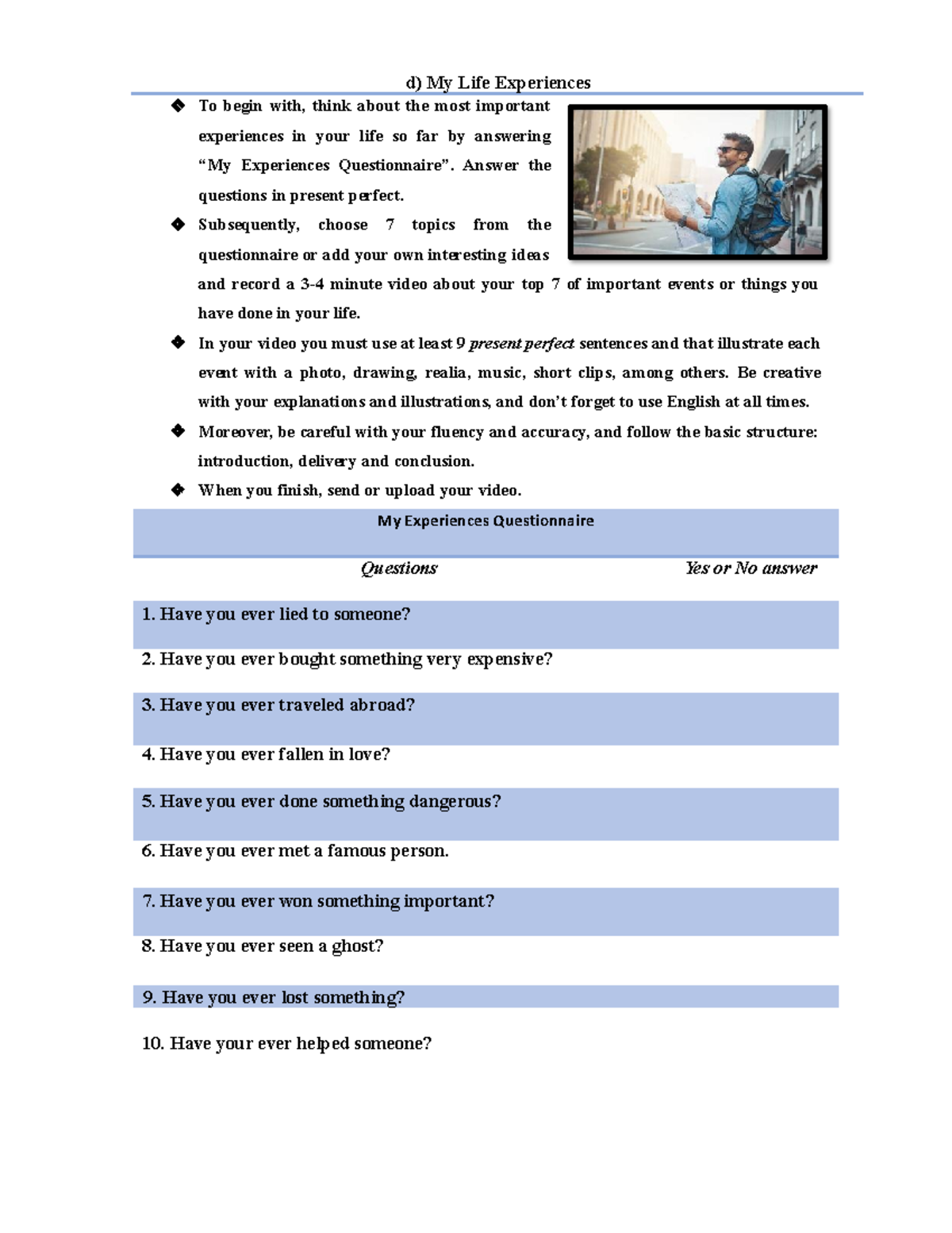 Activity 13 - My Experiences Questionnaire d) My Life Experiences To ...