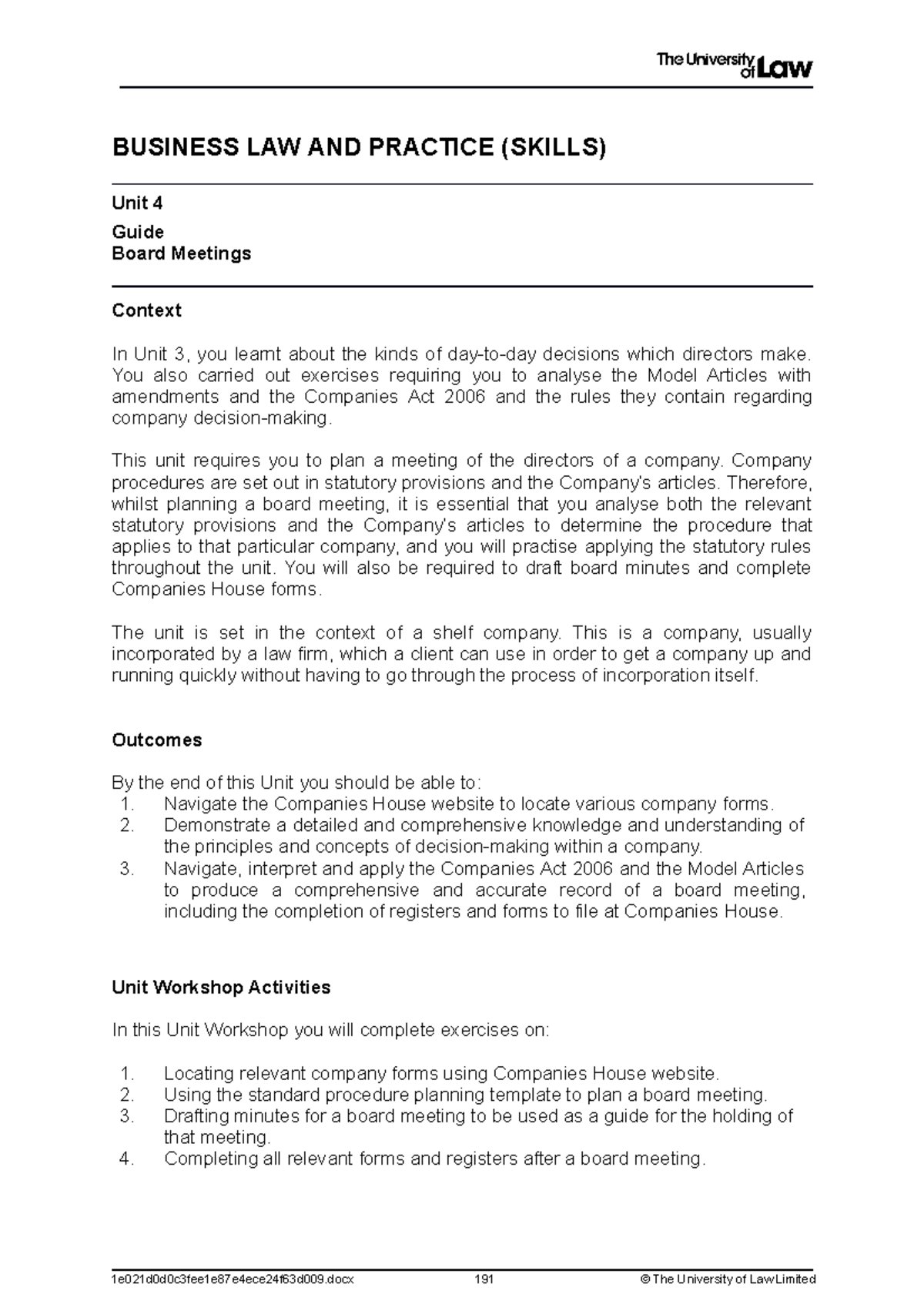 BLP WS 4 - BLP WS 4 - BUSINESS LAW AND PRACTICE (SKILLS) Unit 4 Guide ...