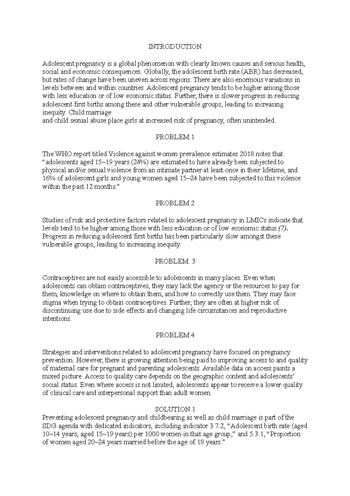 Adolescent Pregnancy EAPP - INTRODUCTION Adolescent pregnancy is a ...