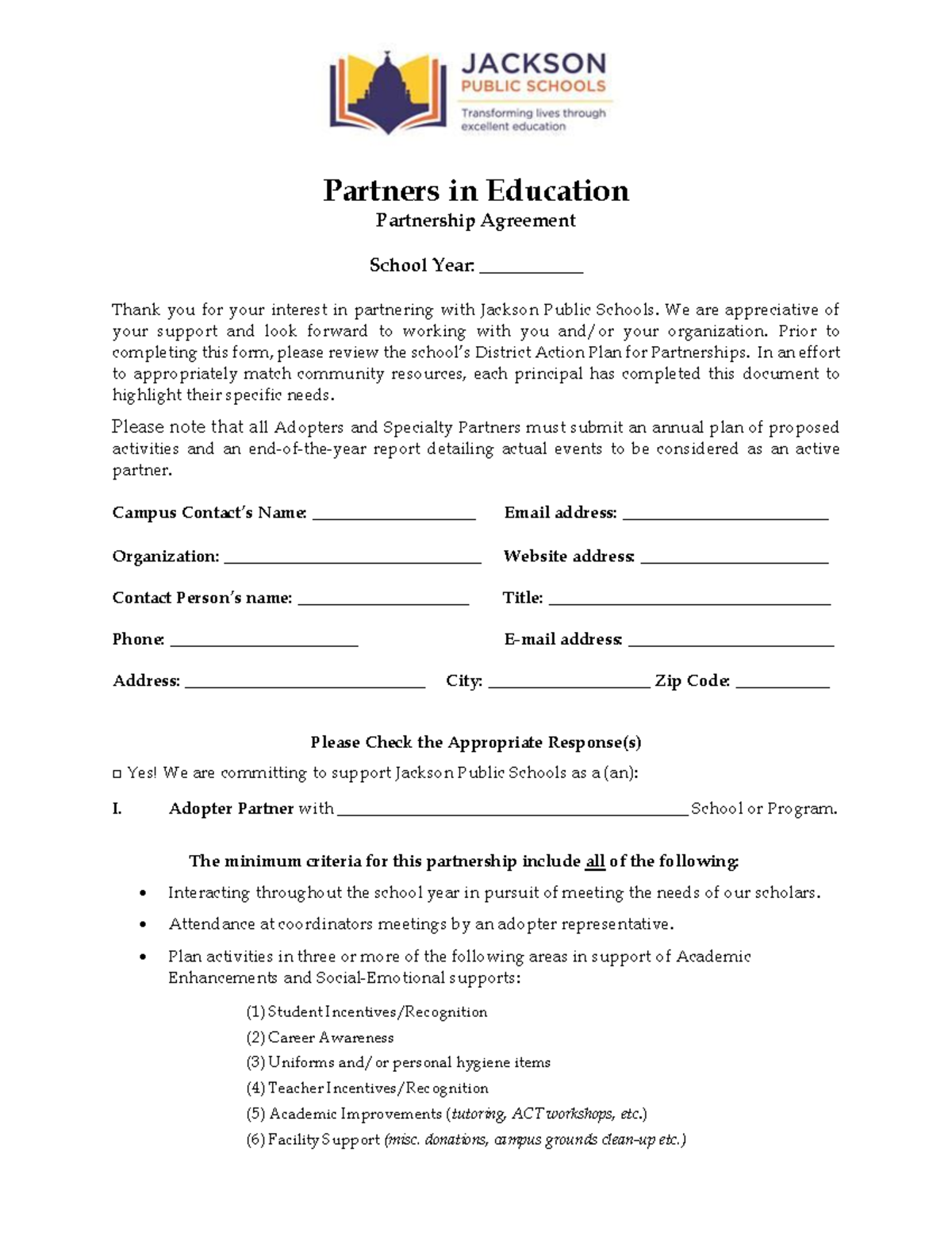 Adopt-A-School Partnership Agreement - Partners in Education ...