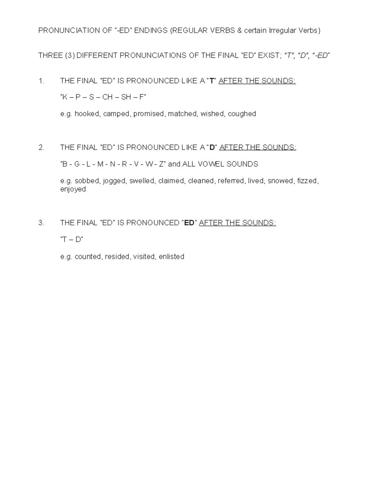 Final - PRONUNCIATION OF “-ED” ENDINGS (REGULAR VERBS & certain ...