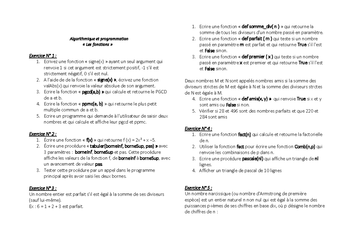 Algorithmique et programmation - Les fonctions - MPSI/PCSI Pr. Youssef Ouassit TD d’informatique ...
