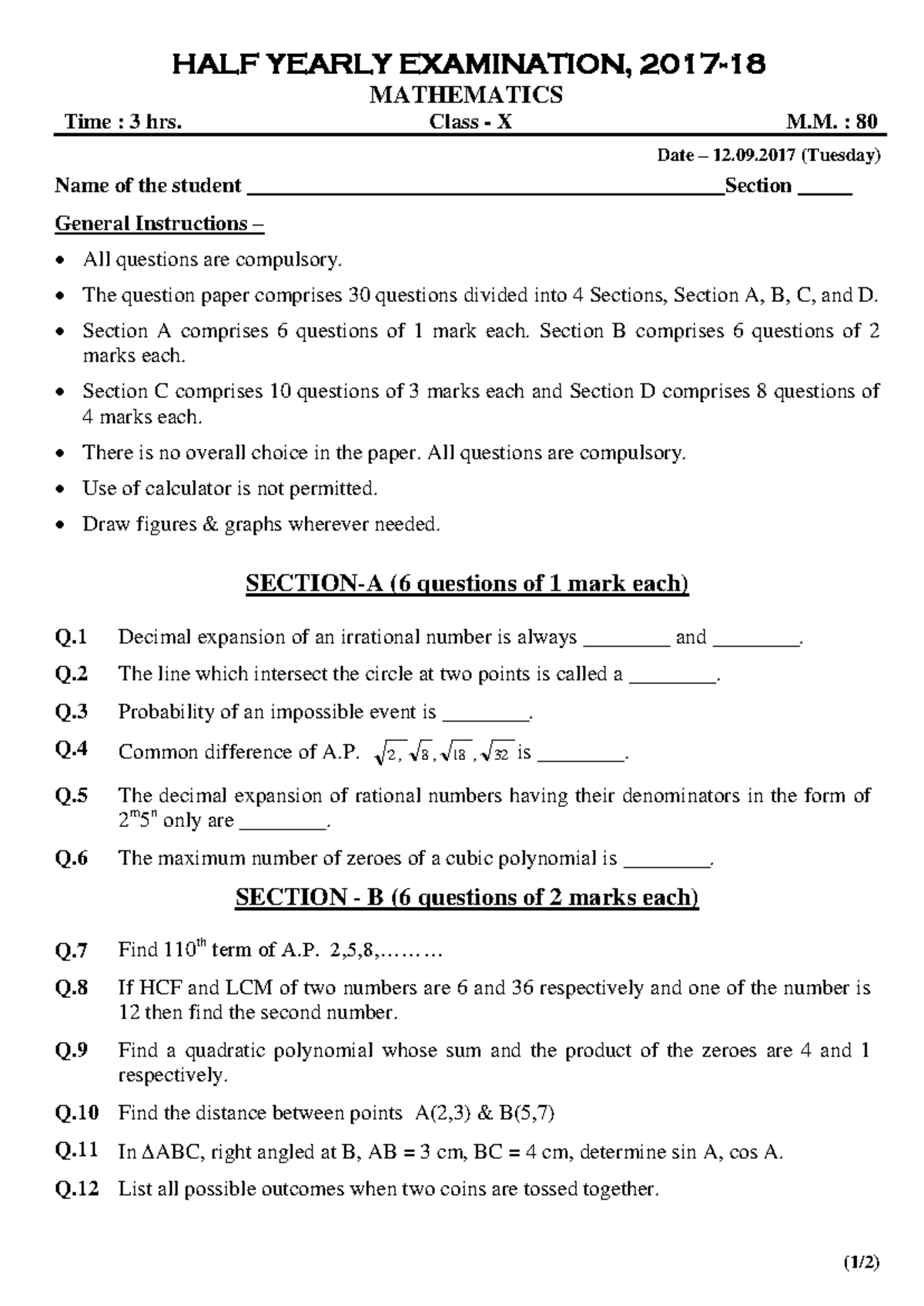 Math class 10 past paper - (1/2) HALF YEARLY EXAMINATION, 2017- 18 ...
