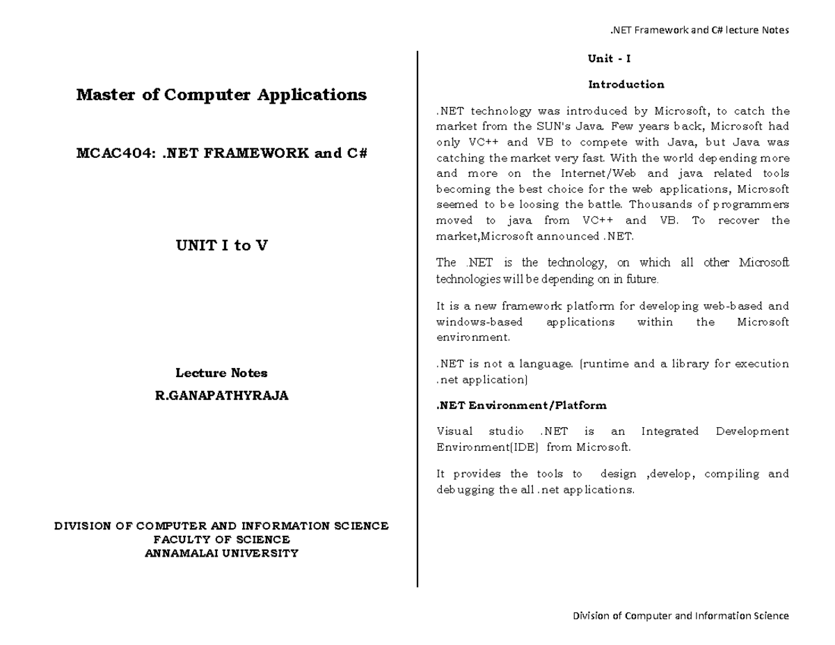 MCAC404 - Master of Computer Applications MCAC404: .NET FRAMEWORK and C# UNIT I to V Lecture ...