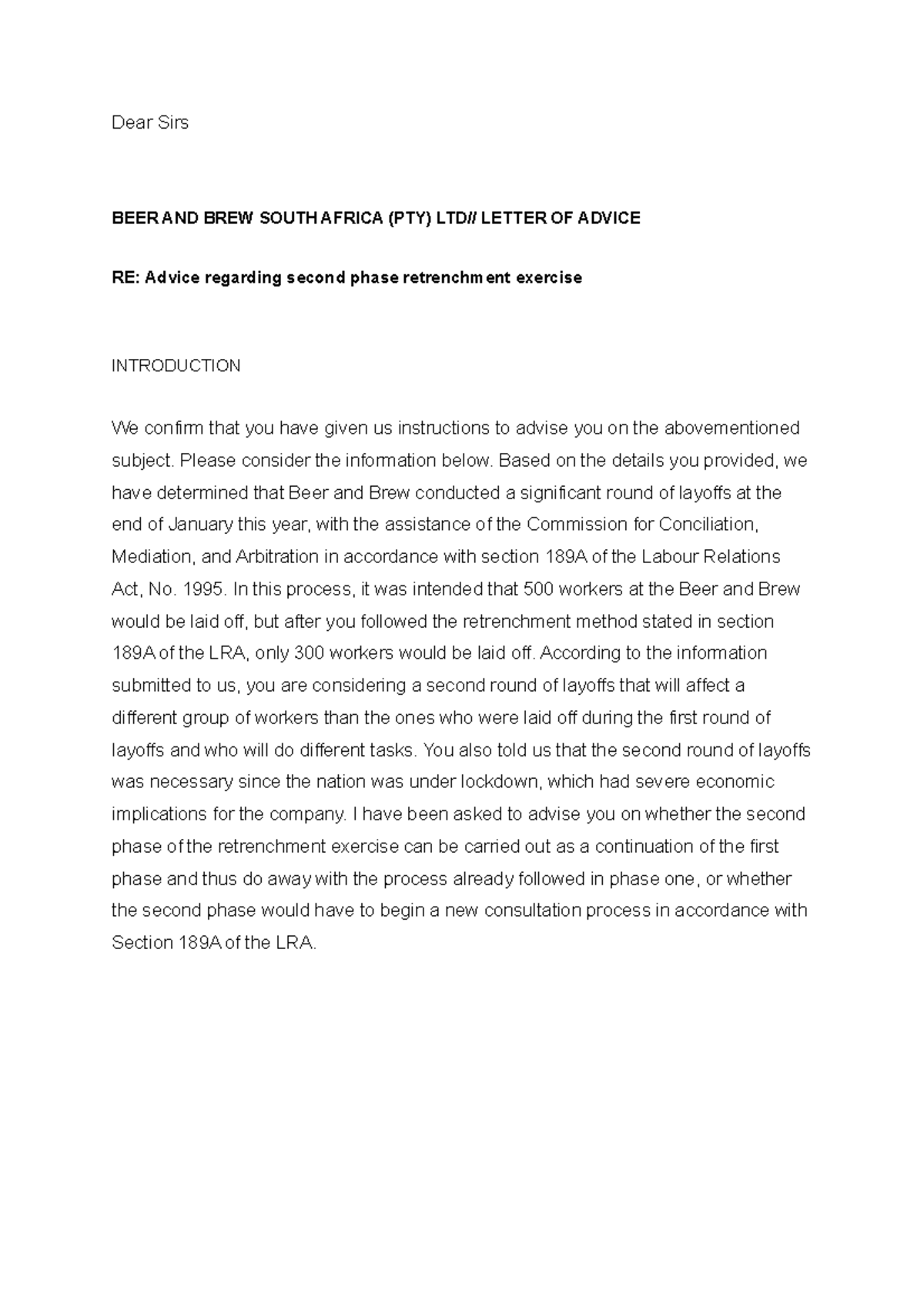 Tasks 3 - Employment: Retrenchmen - Dear Sirs BEER AND BREW SOUTH ...