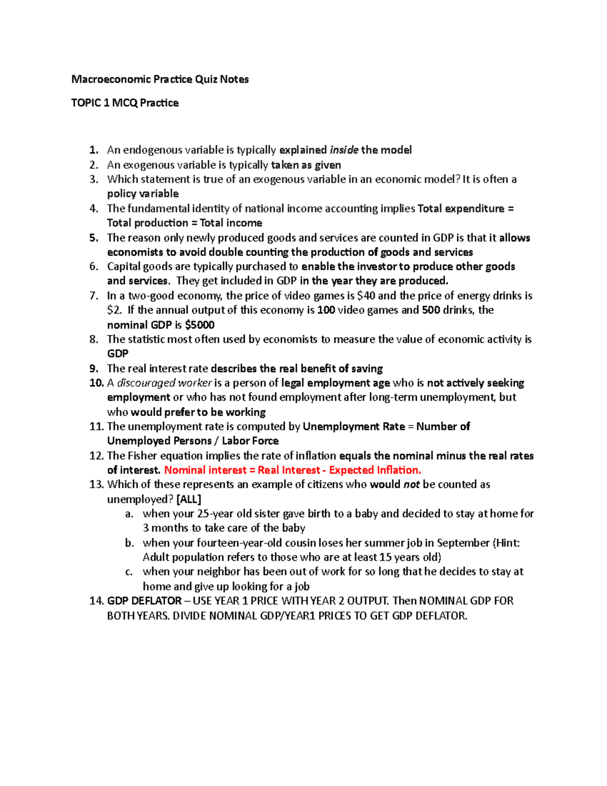 Macro Practice Quiz Answers (Topics 1 - 10) - Macroeconomic Practice ...