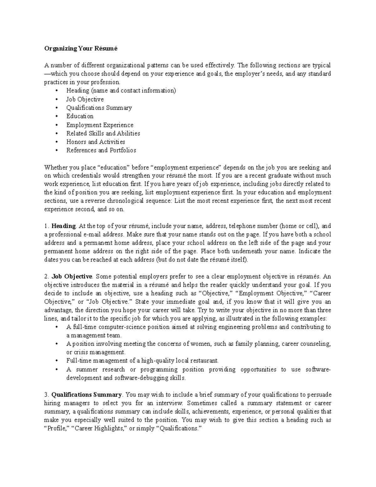 Organizing-Your-Résumé - Organizing Your Résumé A number of different ...