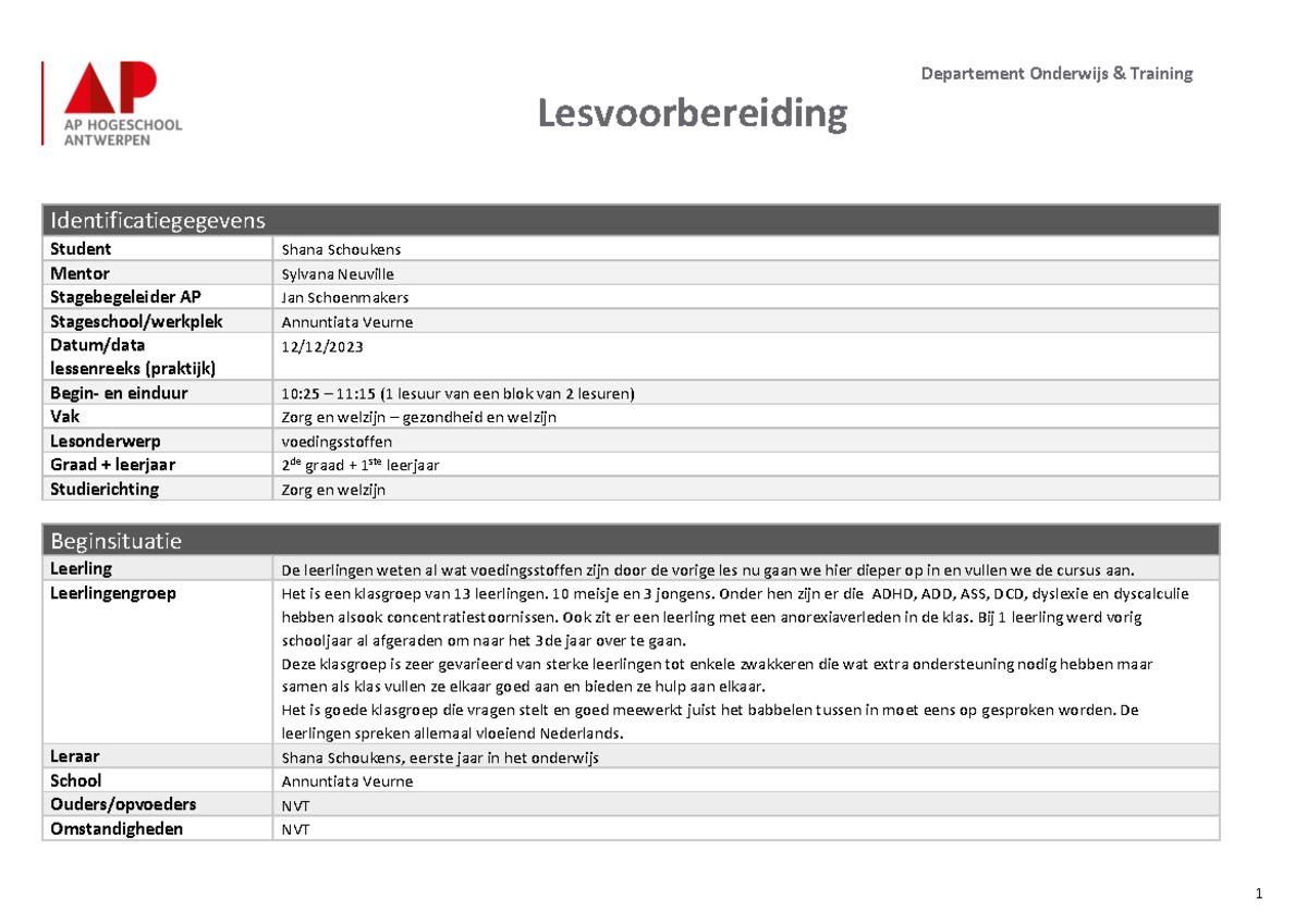 1ste lesvoorbereiding voedingsstoffen - Lesvoorbereiding ...
