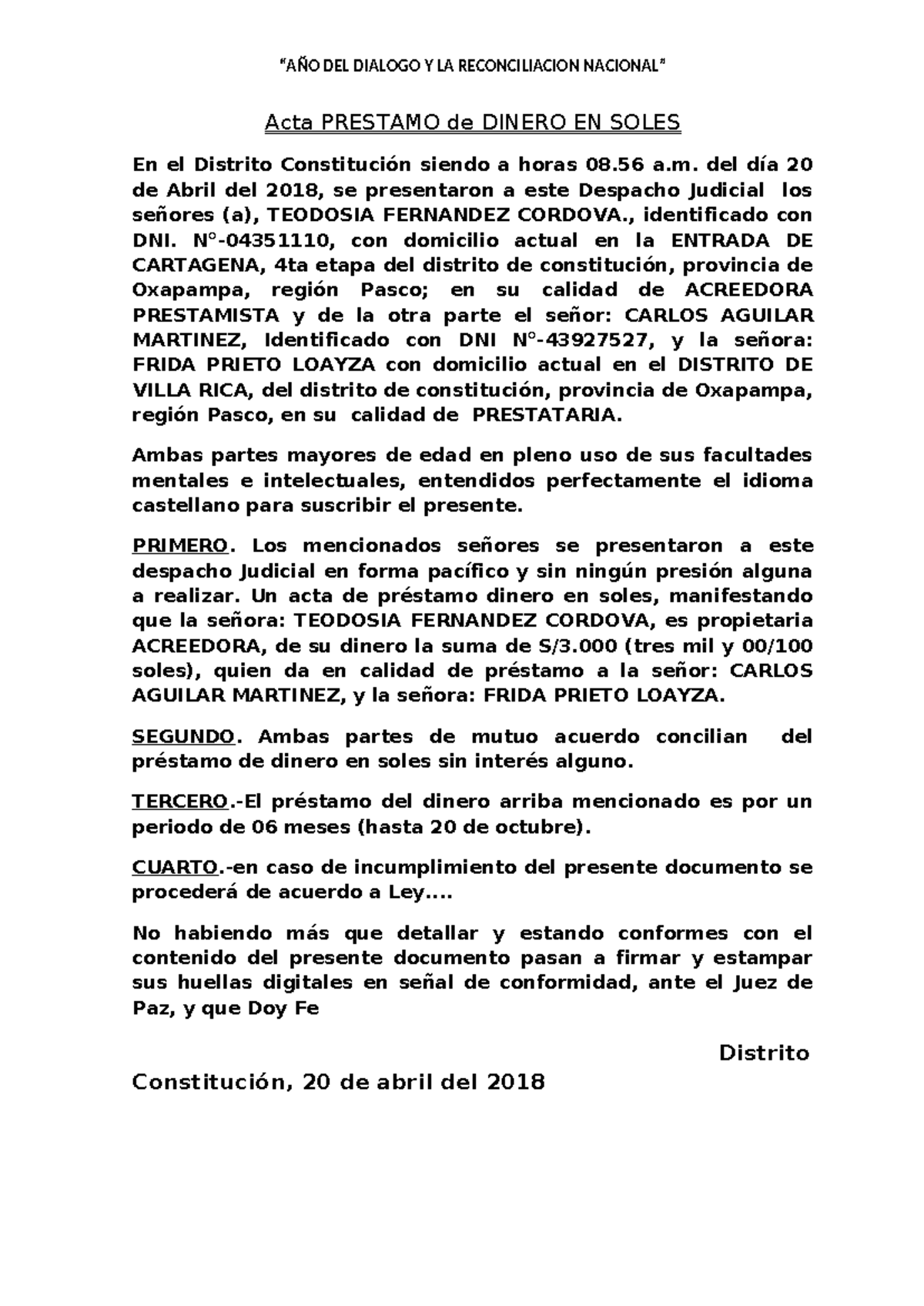 ACTA DE Compromiso DE Devolucion DE Dinero - “AÑO DEL DIALOGO Y LA RECONCILIACION NACIONAL” Acta ...