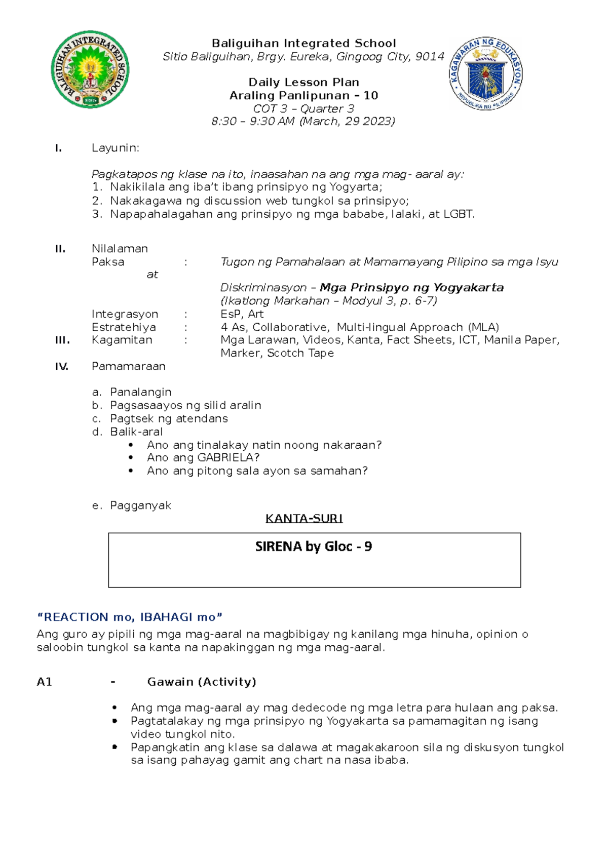 COT 3 - ara. pan 9 - Baliguihan Integrated School Sitio Baliguihan ...